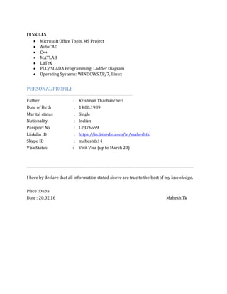 INSTRUMENTATION ENGINEER_CV_MAHESH T KRISHNAN | DOCX | Secondary Education | Education