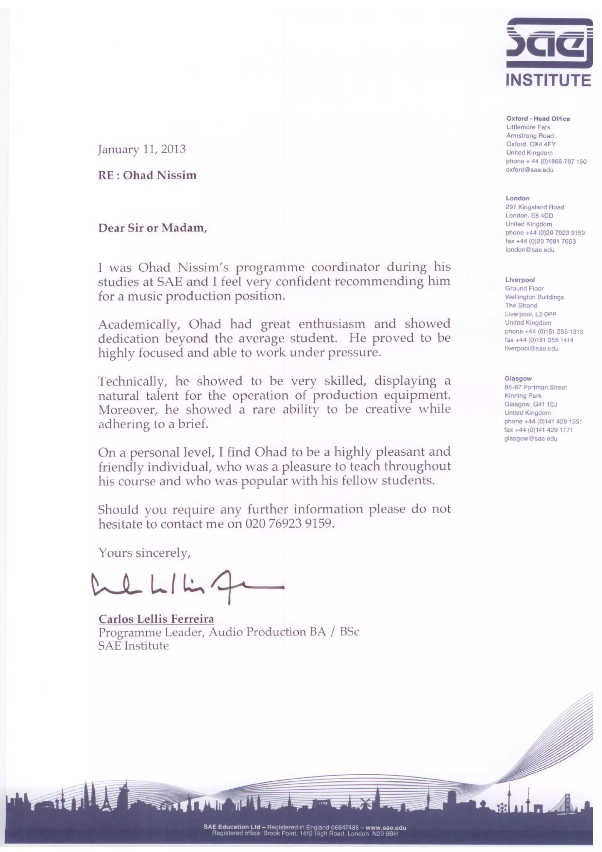 Ohad Nissim Reference Letter | PDF