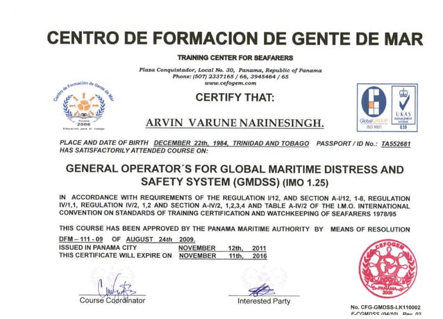 ARVIN GMDSS CERTIFICATE | PDF