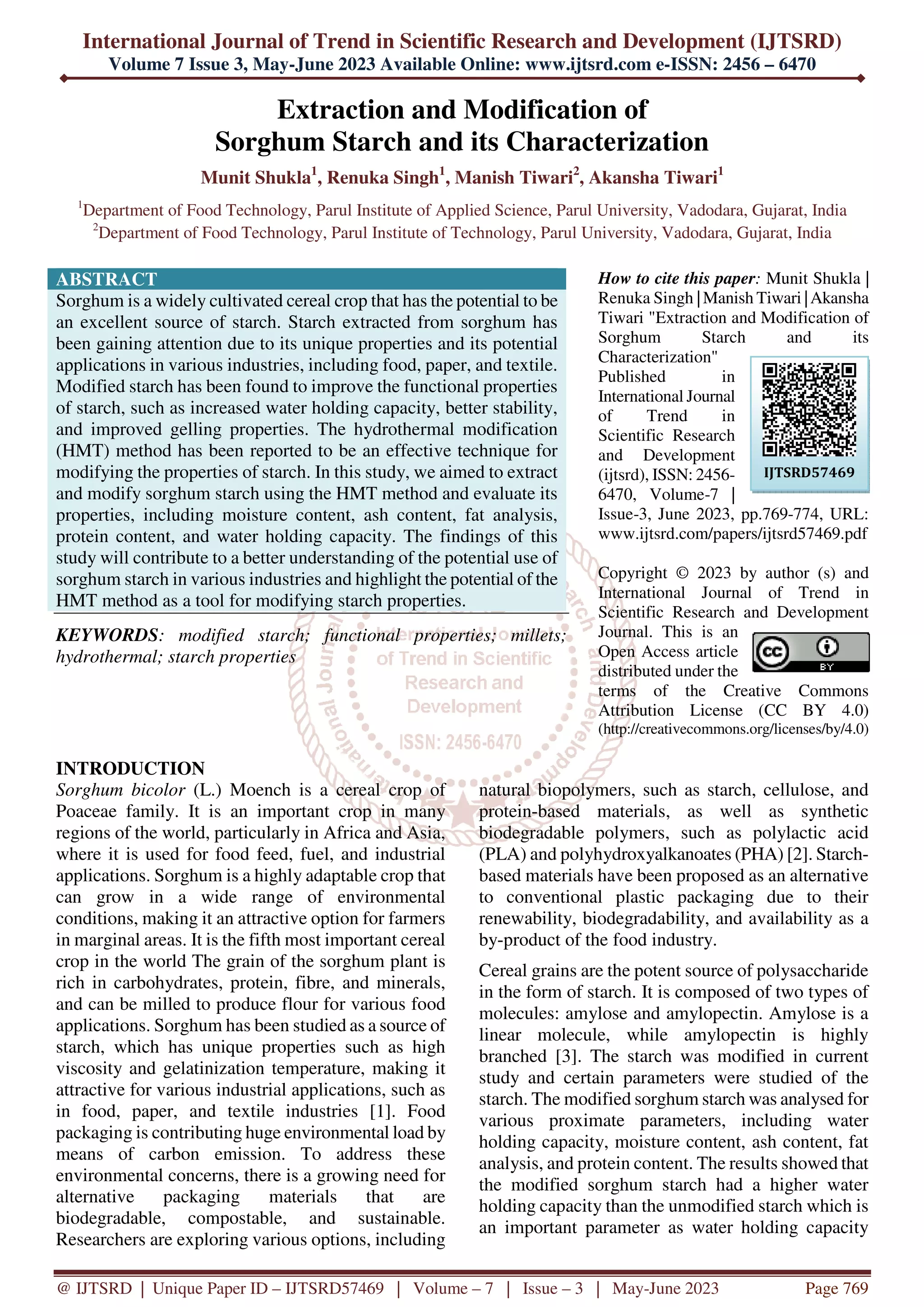 Extraction and Modification of Sorghum Starch and its Characterization ...