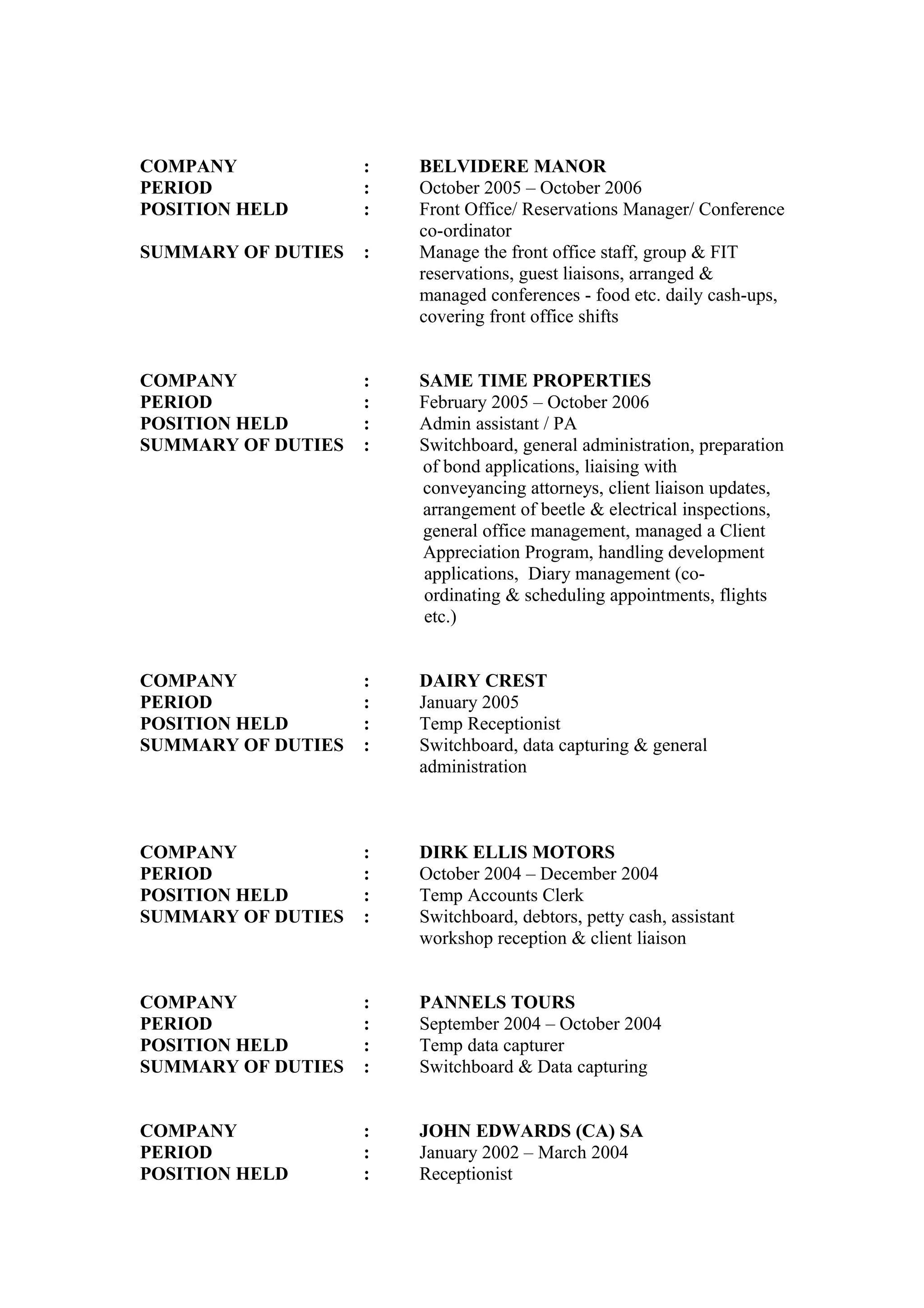 CV - Shelley O'Moore | DOC | Bed & Breakfasts | Travel Type