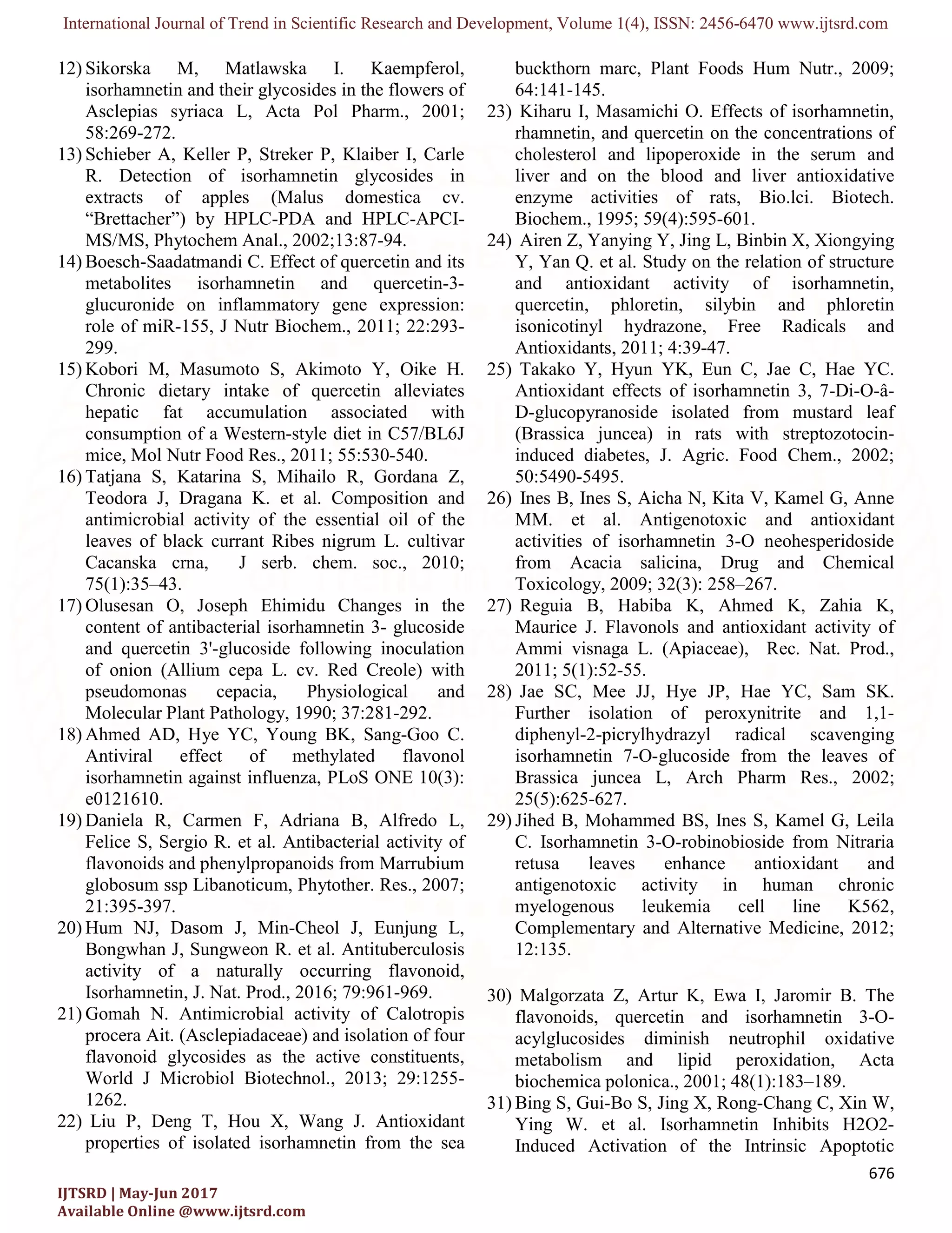 Pharmacological Applications of Isorhamnetin: A Short Review | PDF