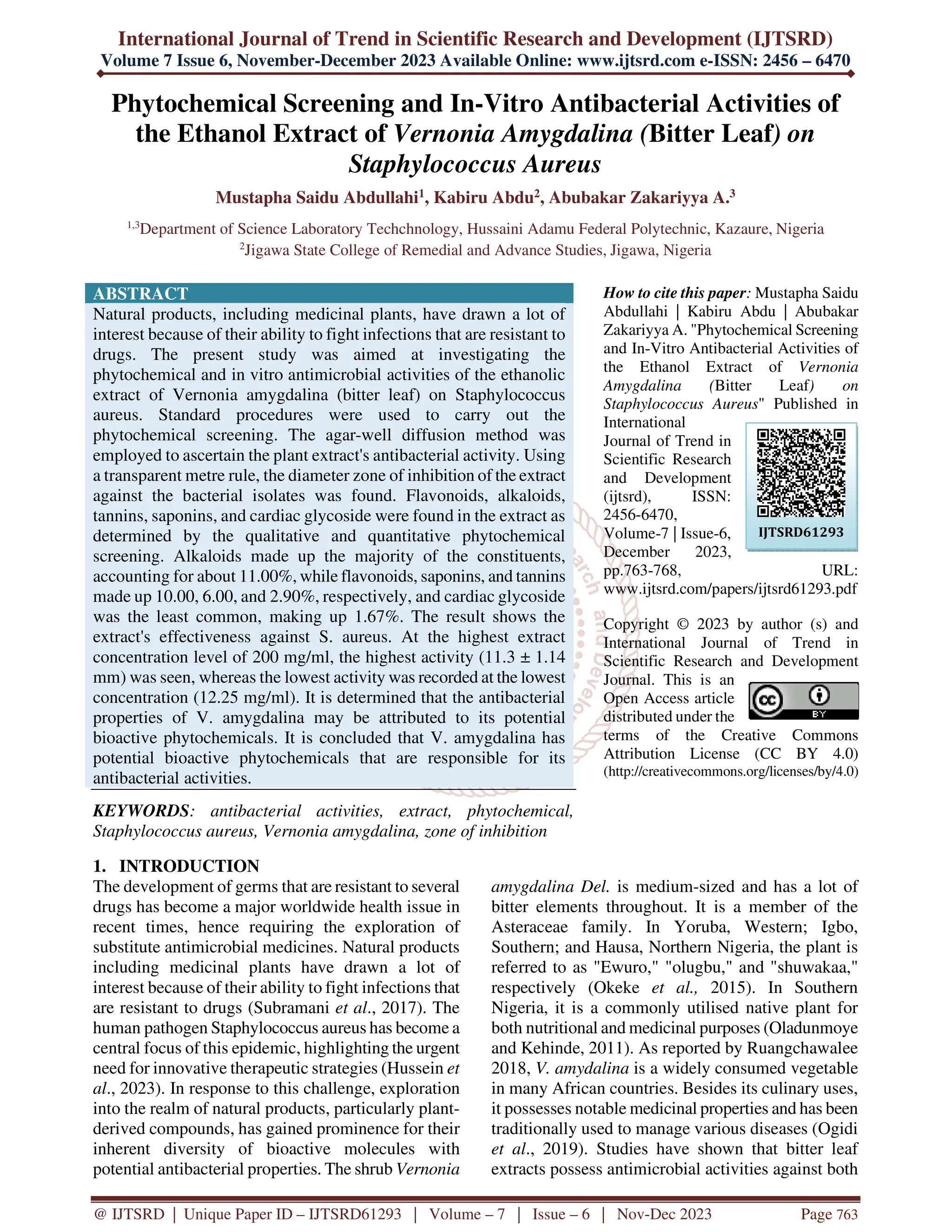 Phytochemical Screening and In Vitro Antibacterial Activities of the Ethanol Extract of Vernonia ...