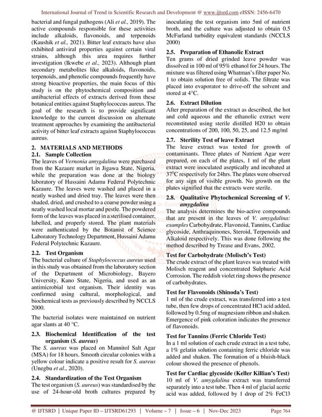 Phytochemical Screening and In Vitro Antibacterial Activities of the Ethanol Extract of Vernonia ...