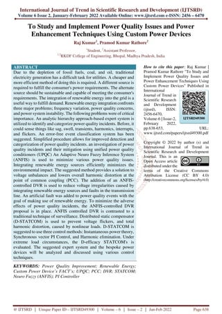 To Study and Implement Power Quality Issues and Power Enhancement Techniques Using Custom Power ...