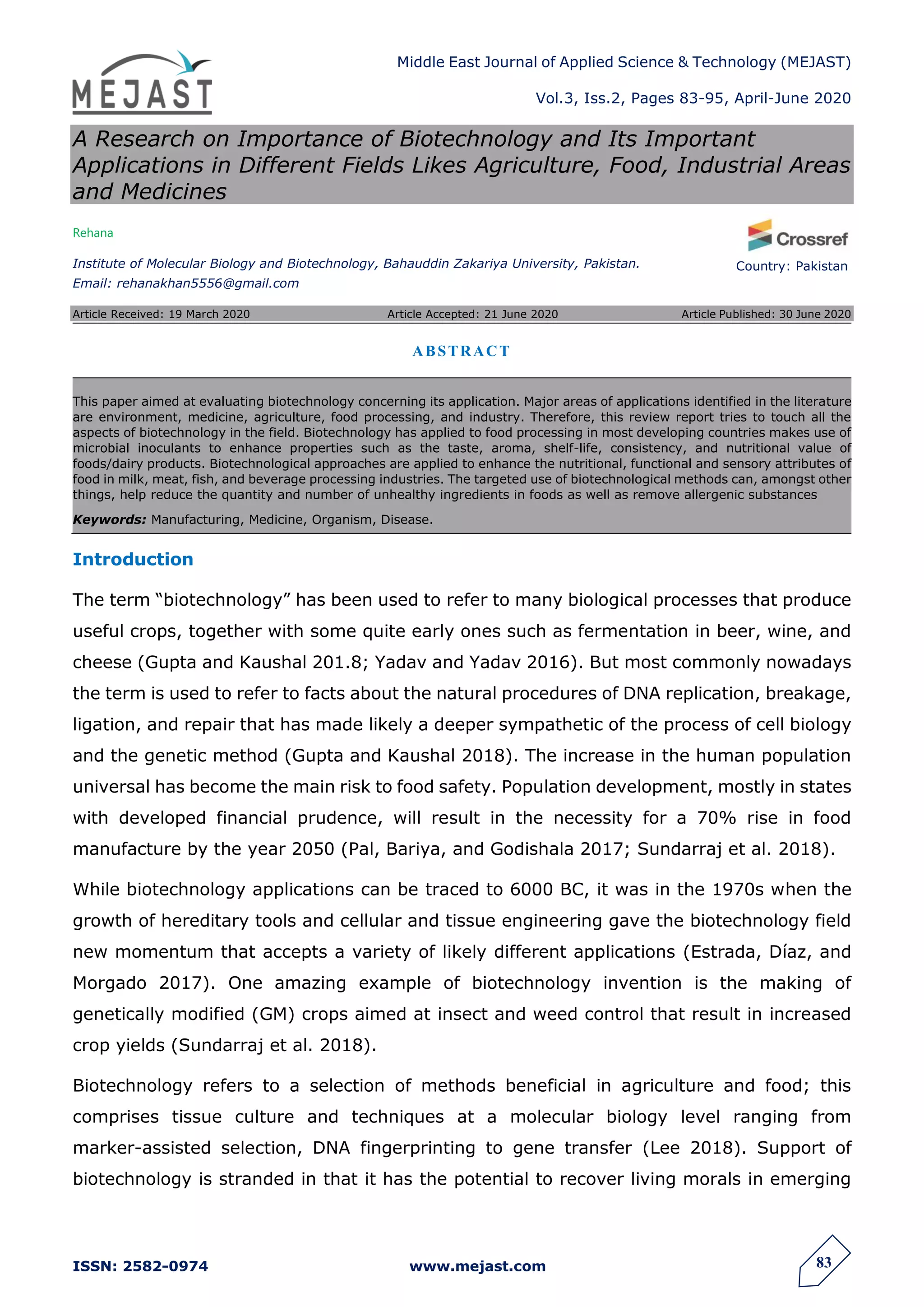 A Research on Importance of Biotechnology and Its Important ...