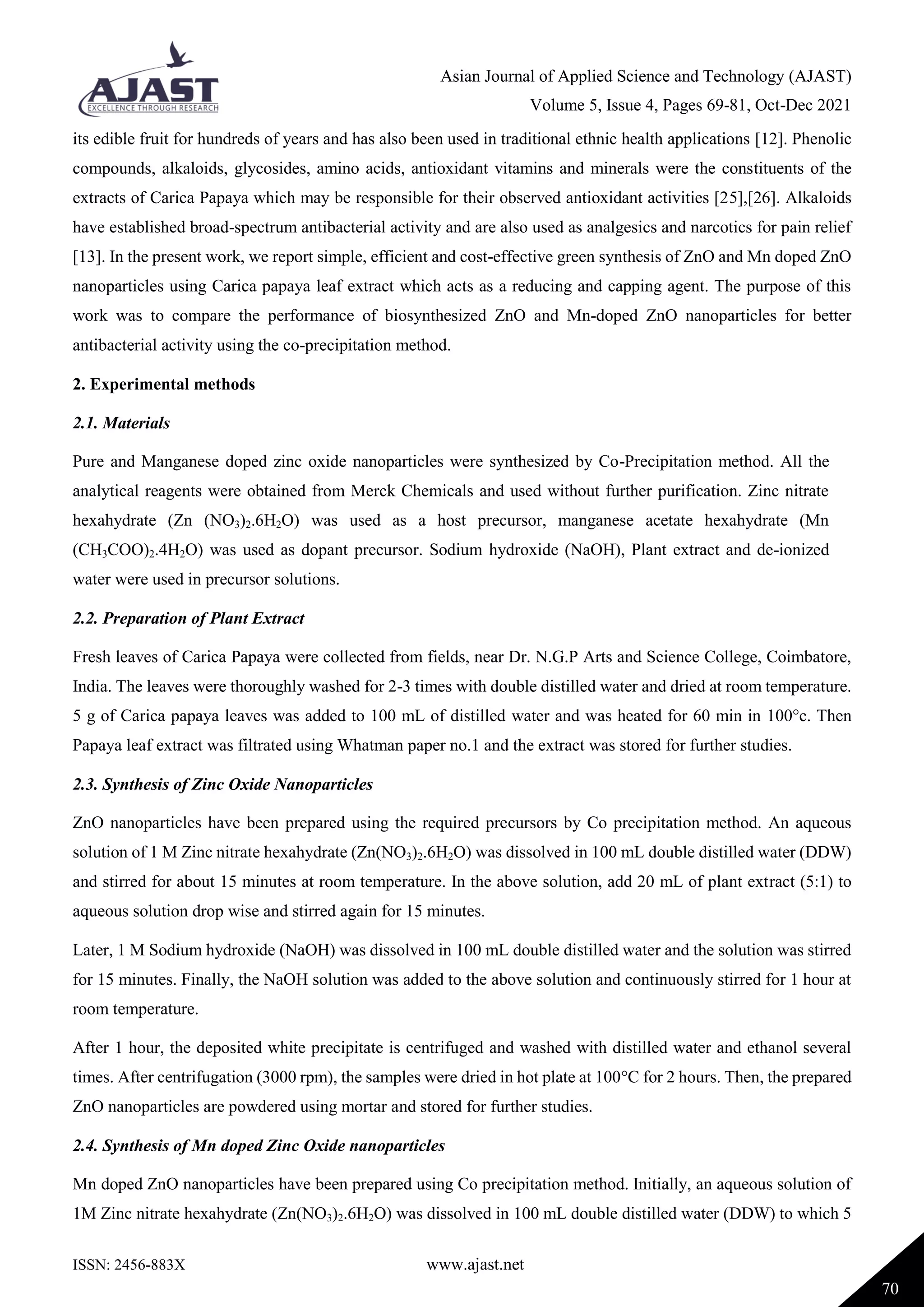 Plant Mediated Synthesis of ZnO and Mn Doped ZnO Nanoparticles Using ...