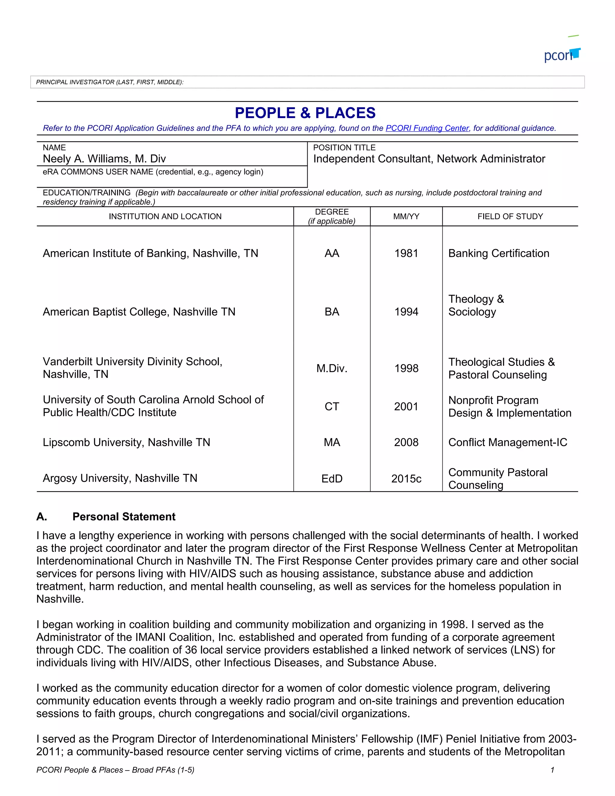 Williams_biosketch_PCORI Revised 2_20-submitted _PI rev 2-23-15 | DOC