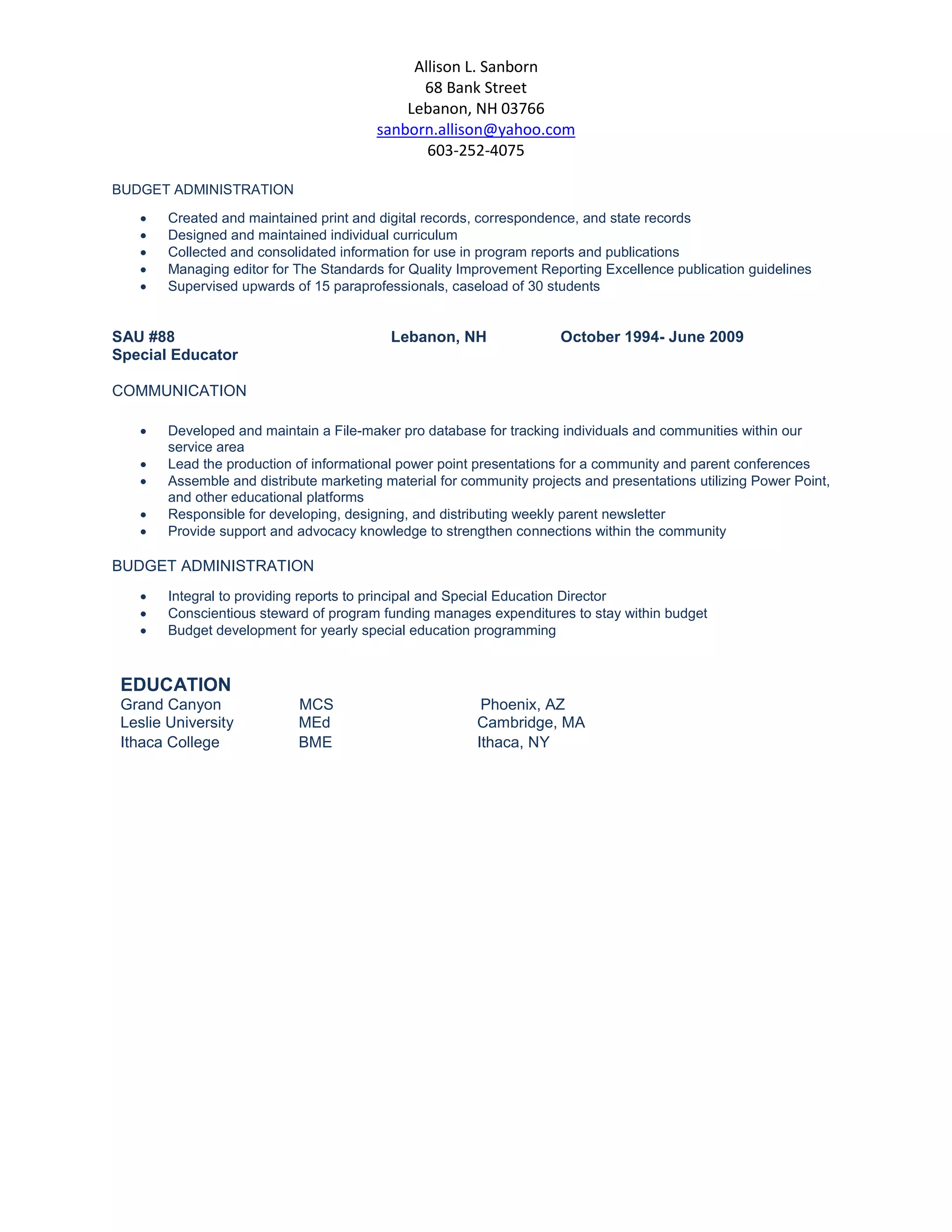 Allison L Sanborn Resume | PDF