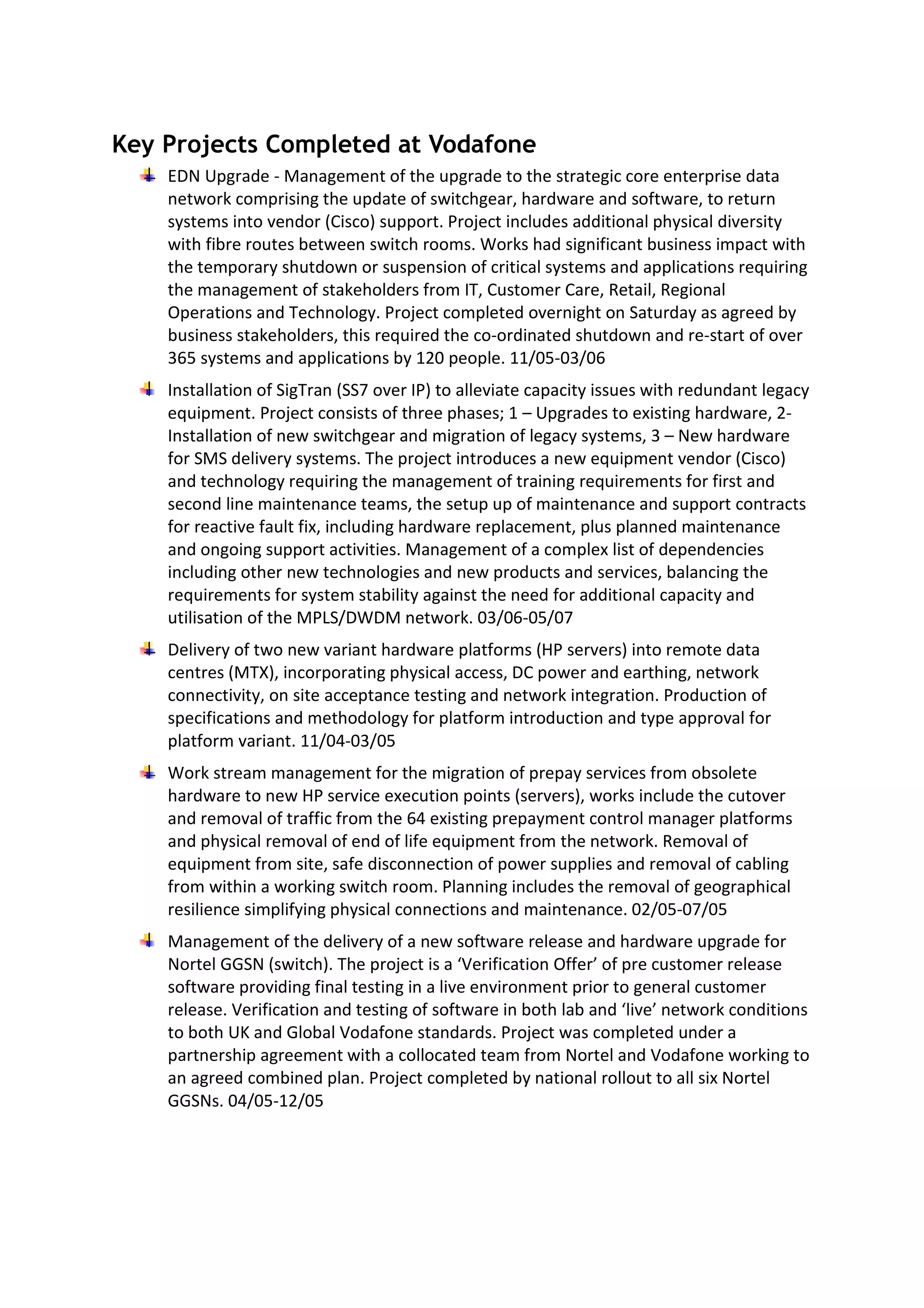 Key Projects Completed at Vodafone | PDF