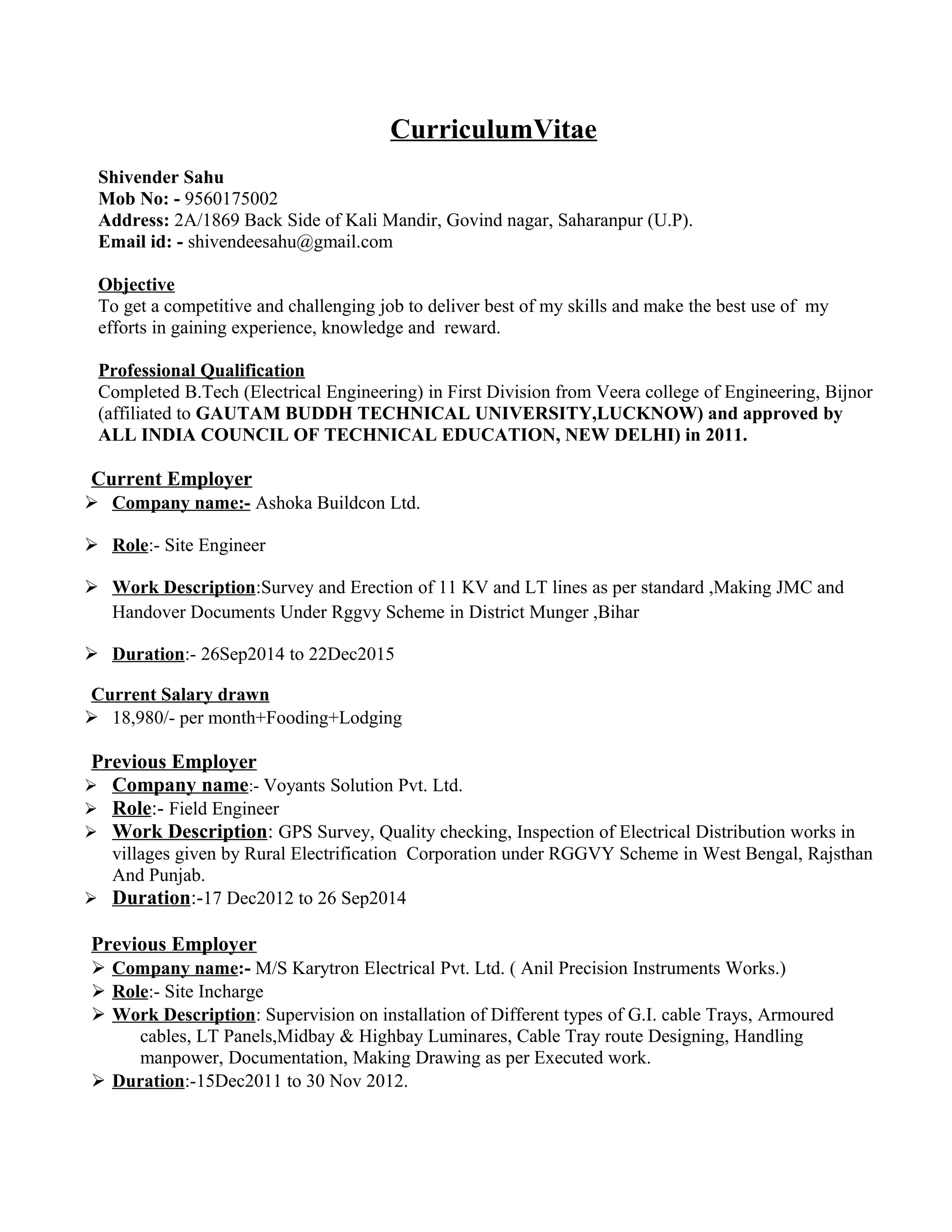 shivender resume | DOC | Vocational Training | Careers