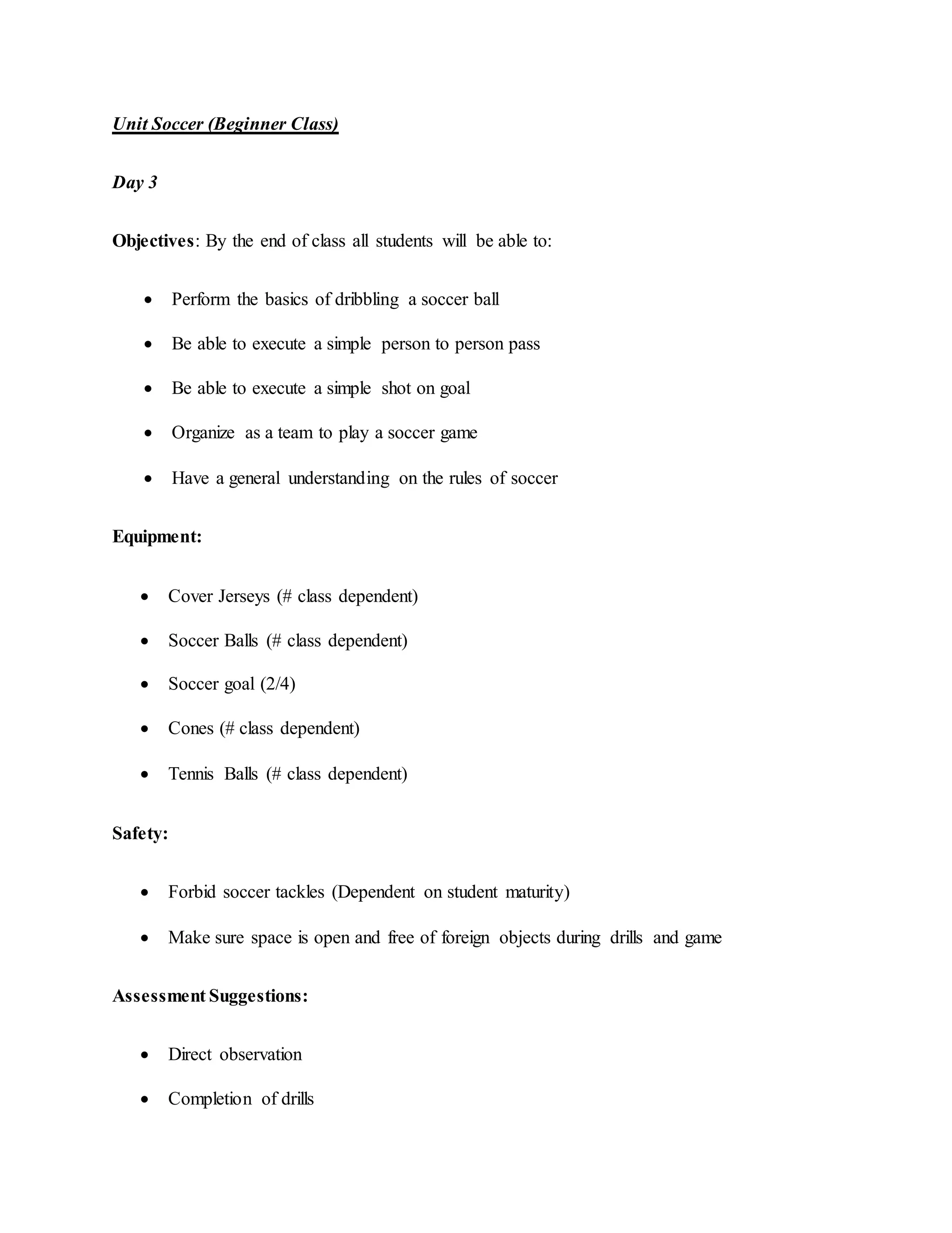 Unit Soccer lesson plan day 3 beginner | DOCX