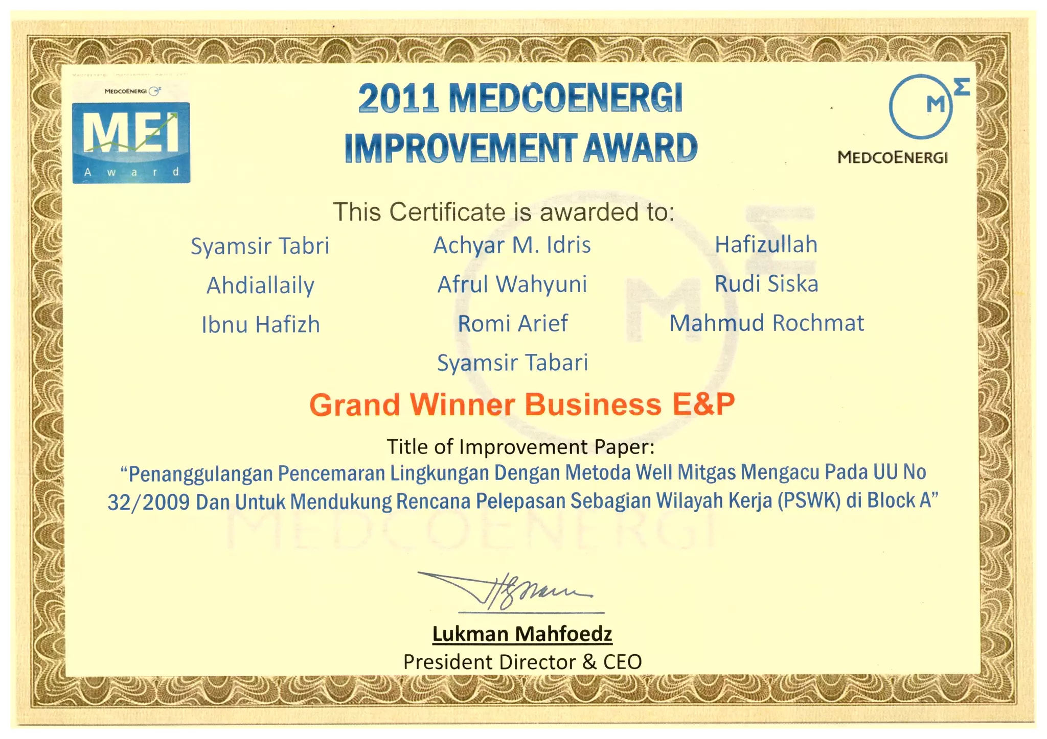 MEI Award 2011 Certificate | PPT