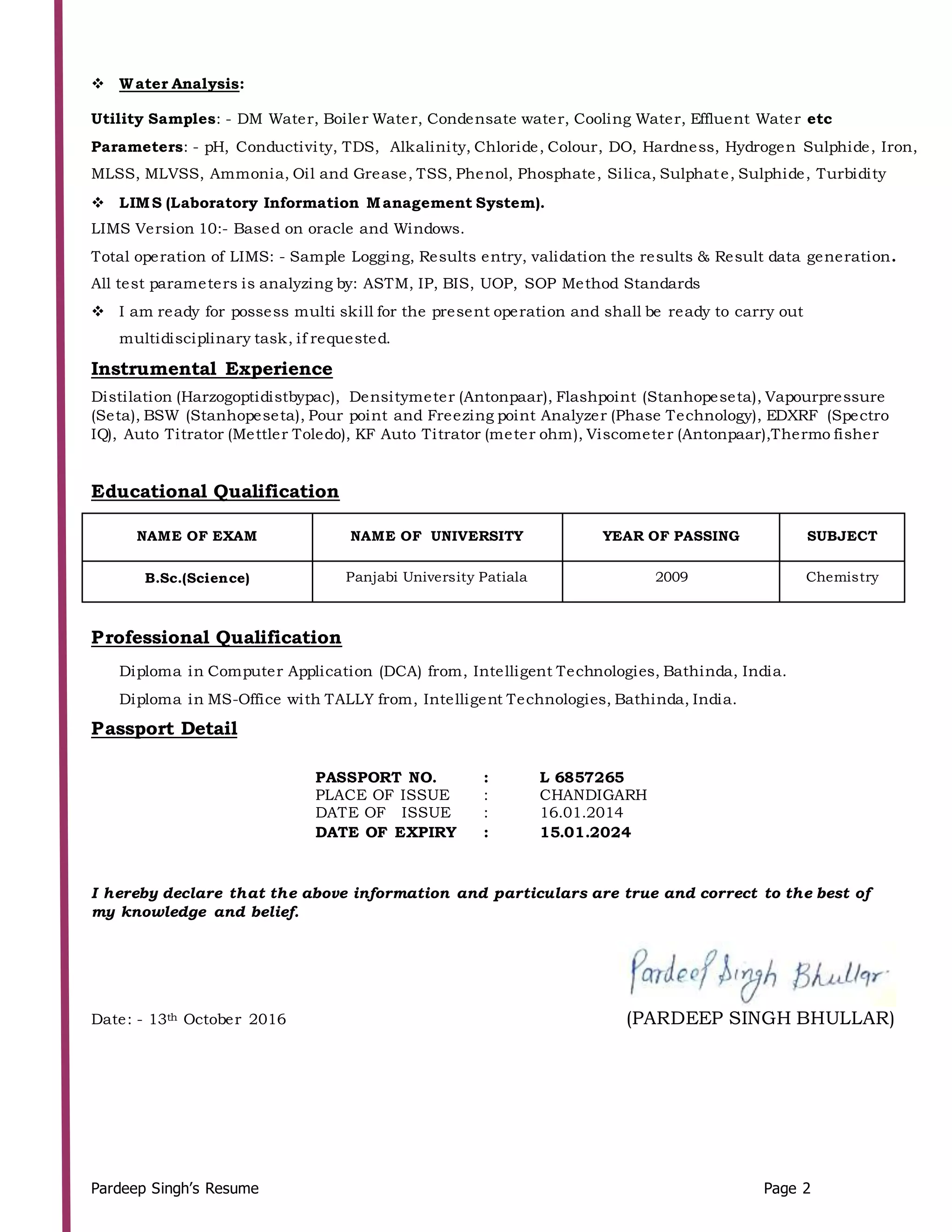 PARDEEP SINGH LAB CHEMIST Fuchs oil | DOCX