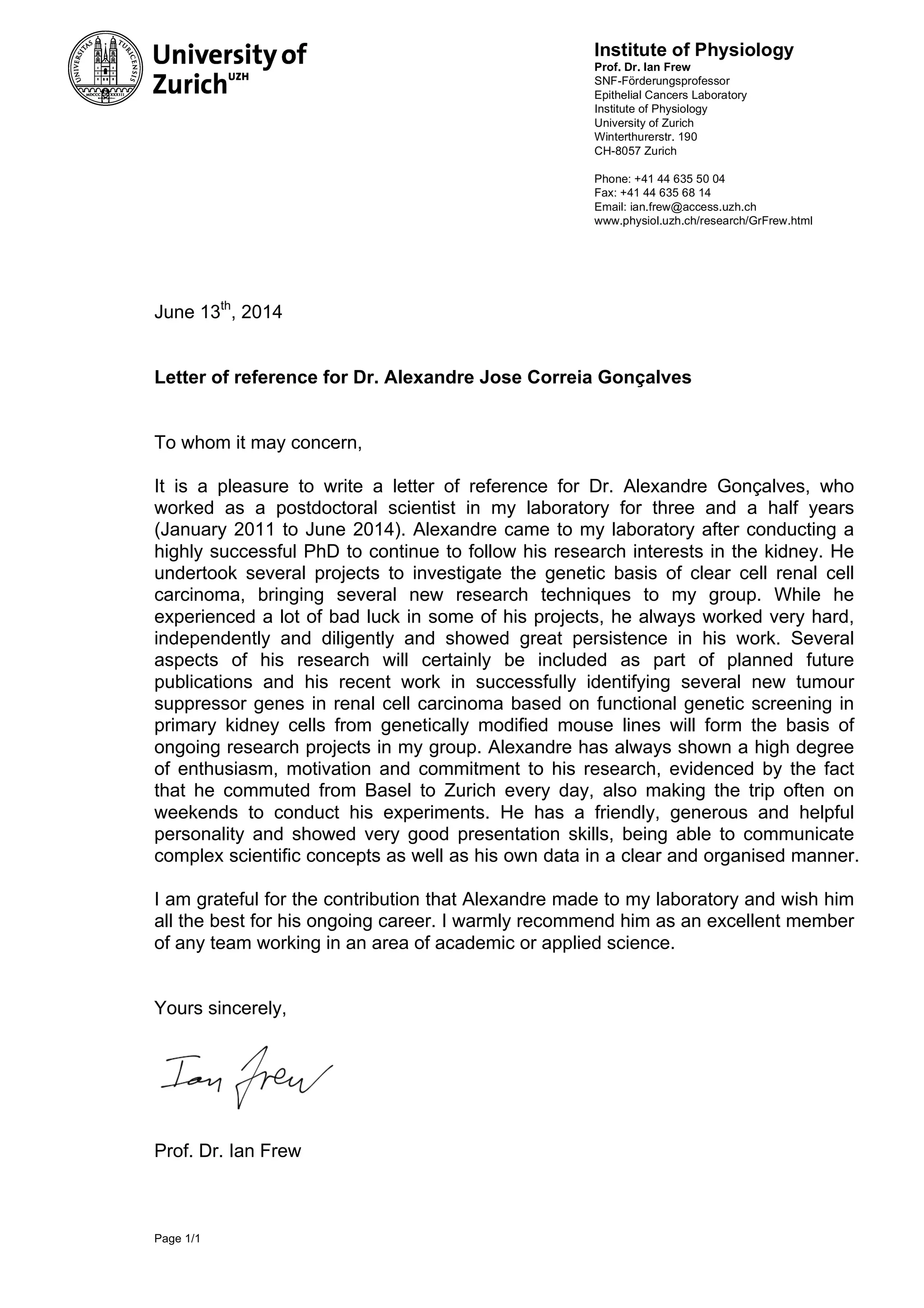 Reference Letter from Prof. Ian Frew | PDF