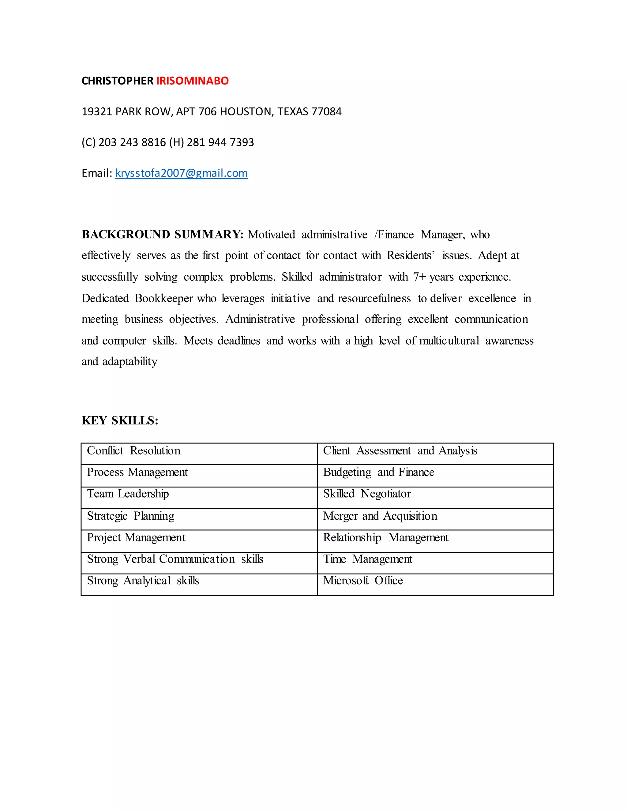 CHRISTOPHER IRISOMINABO Resume A1 | PDF