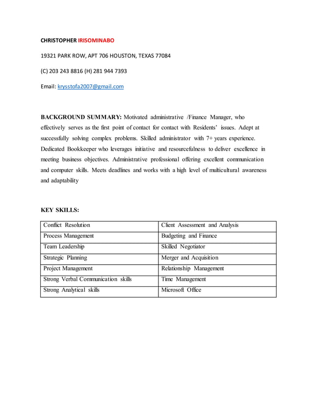 CHRISTOPHER IRISOMINABO Resume A1 | PDF