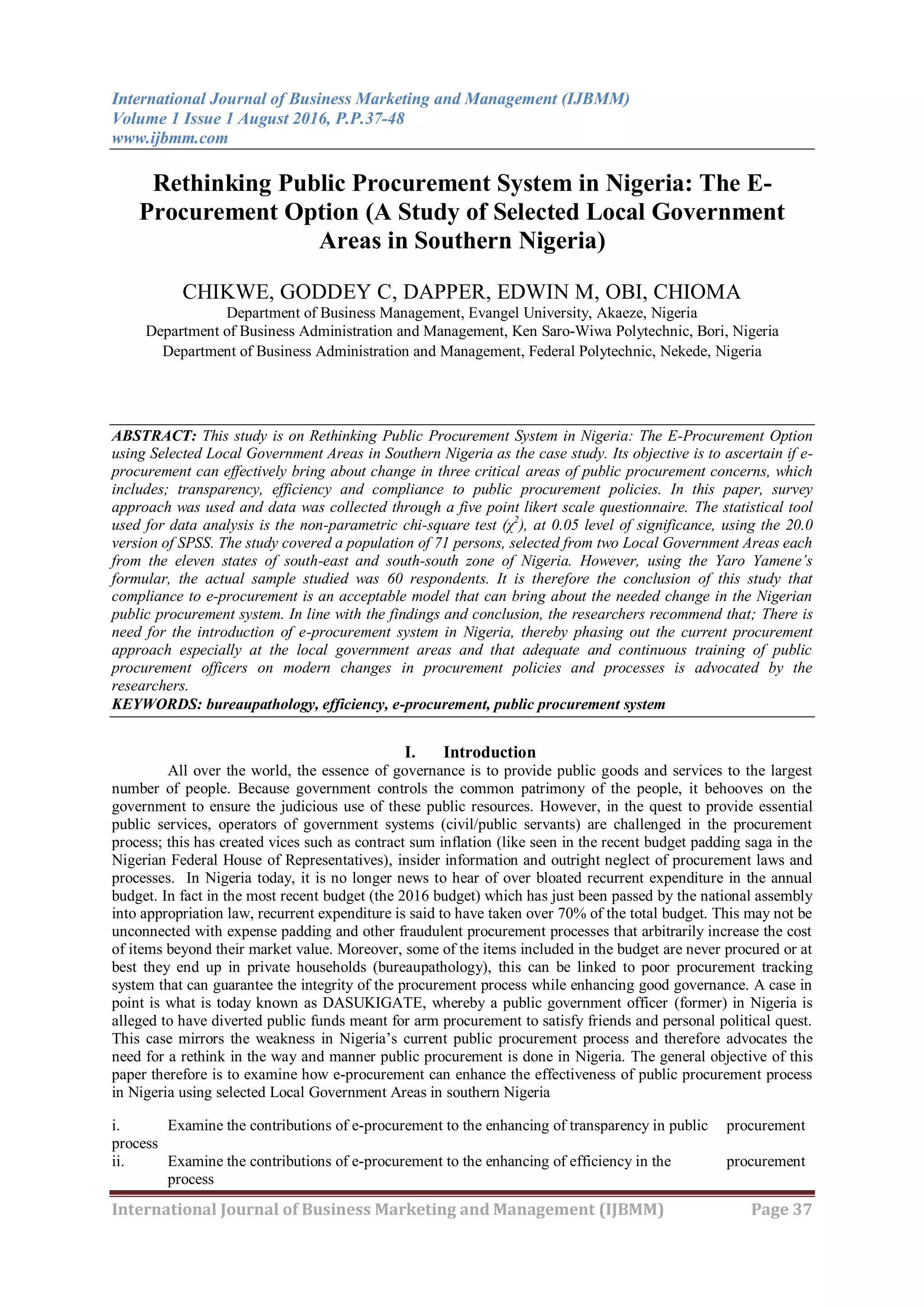 Rethinking Public Procurement System in Nigeria: The E-Procurement Option (A Study of Selected ...