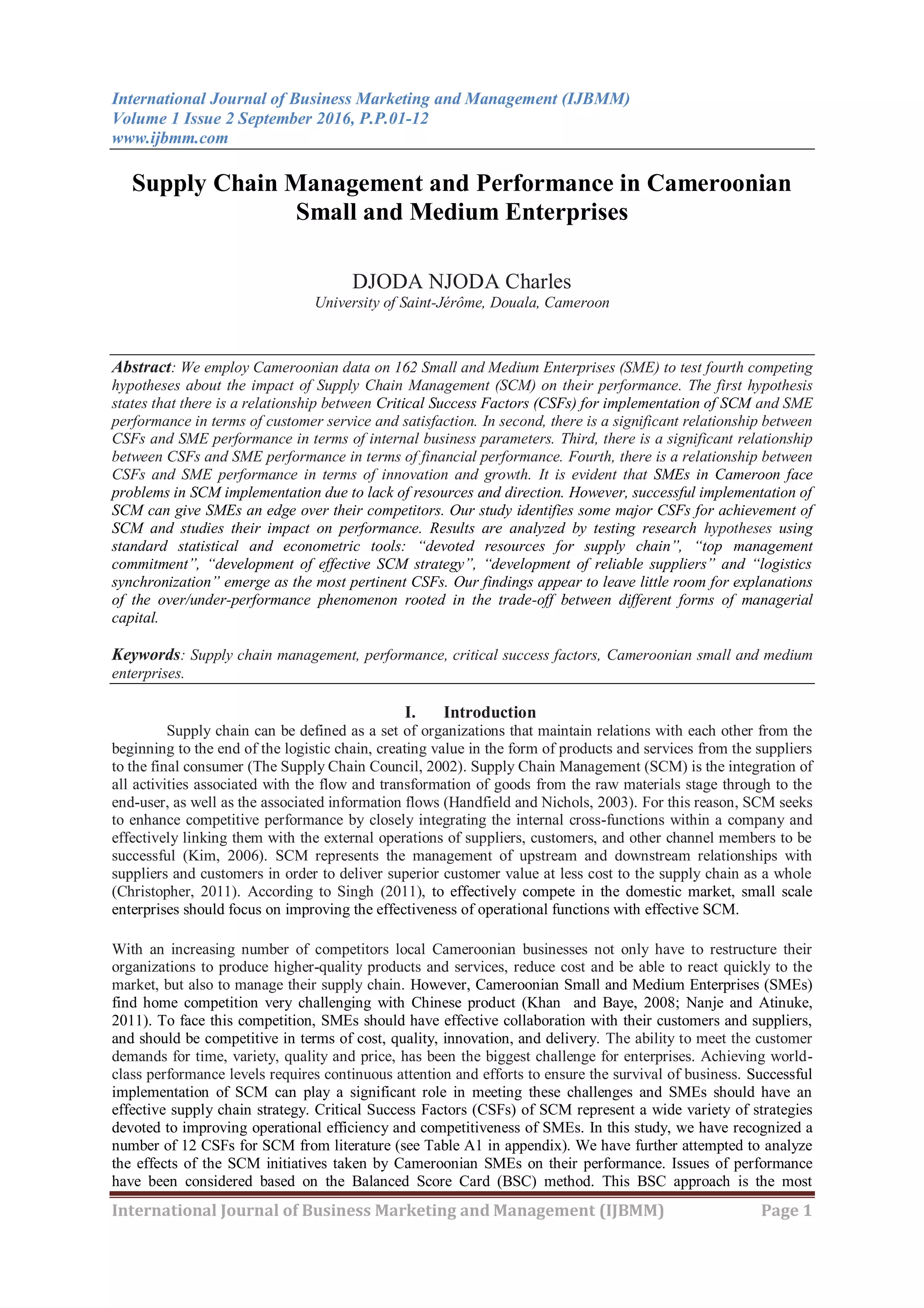 Supply Chain Management and Performance in Cameroonian Small and Medium ...