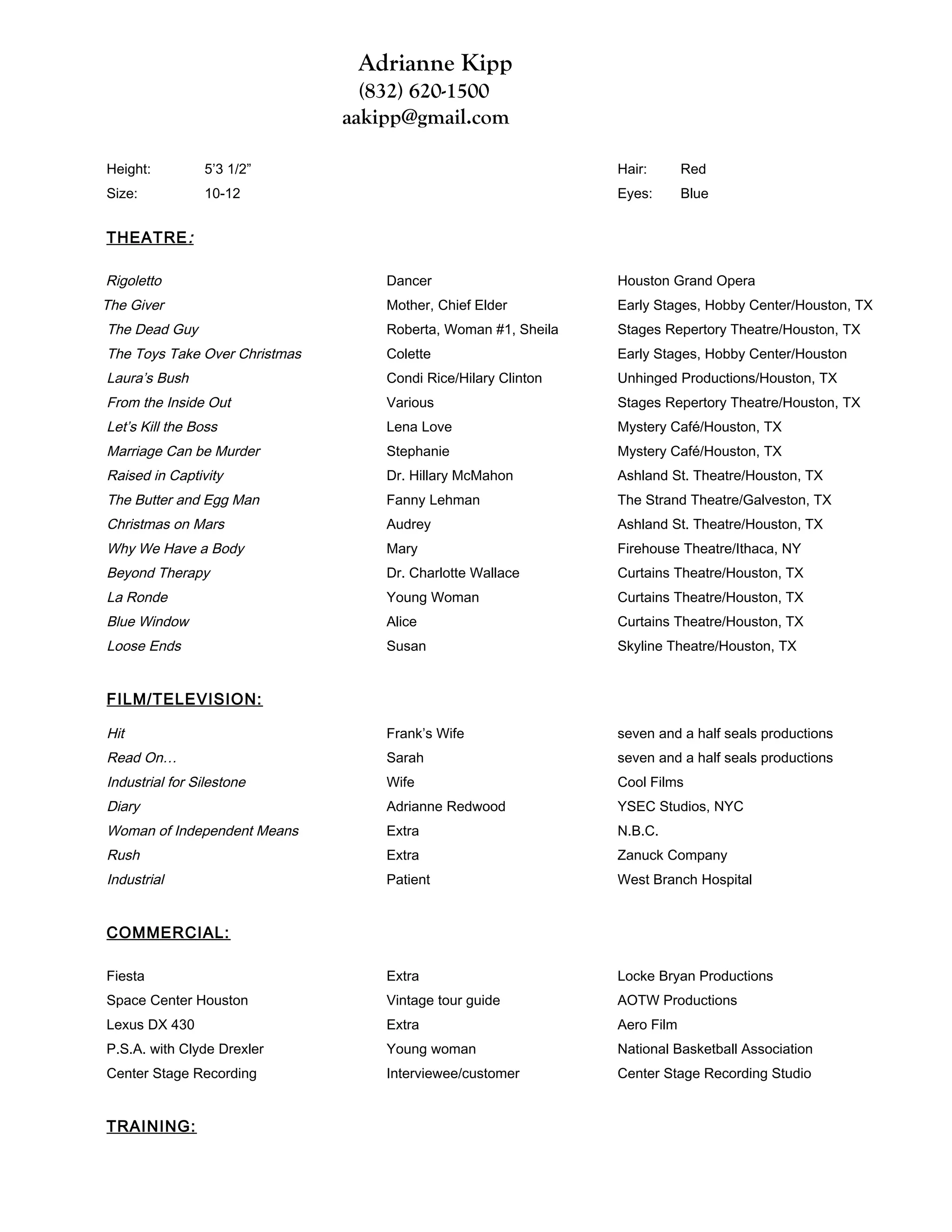 Adrianne Kipp acting resume | DOC