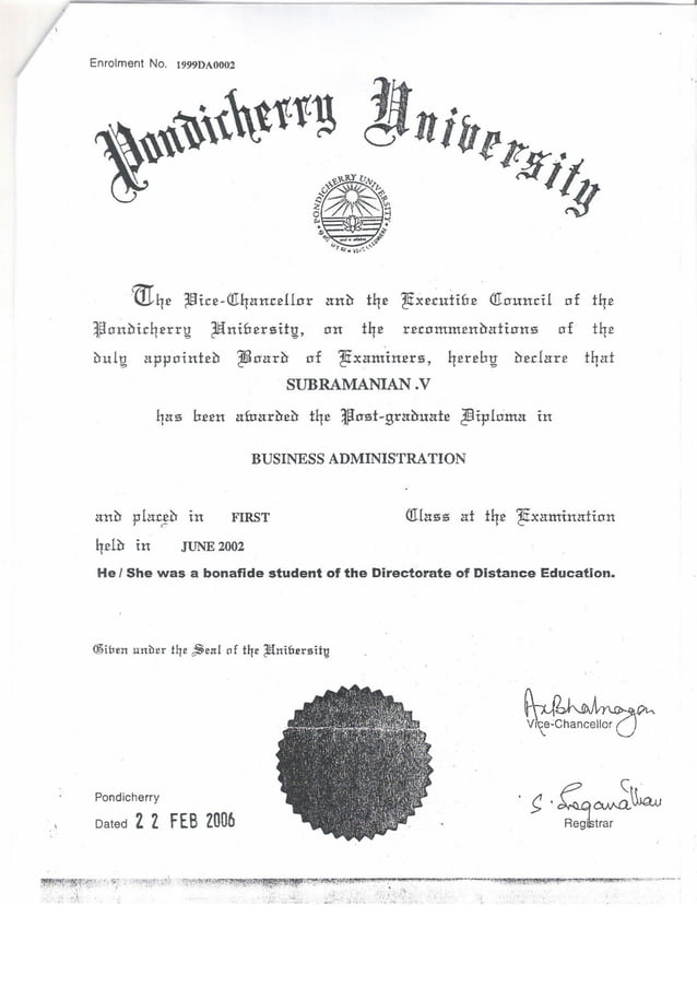 PGDBA PONDY UNIVERSTY CERTIFICATE | PDF