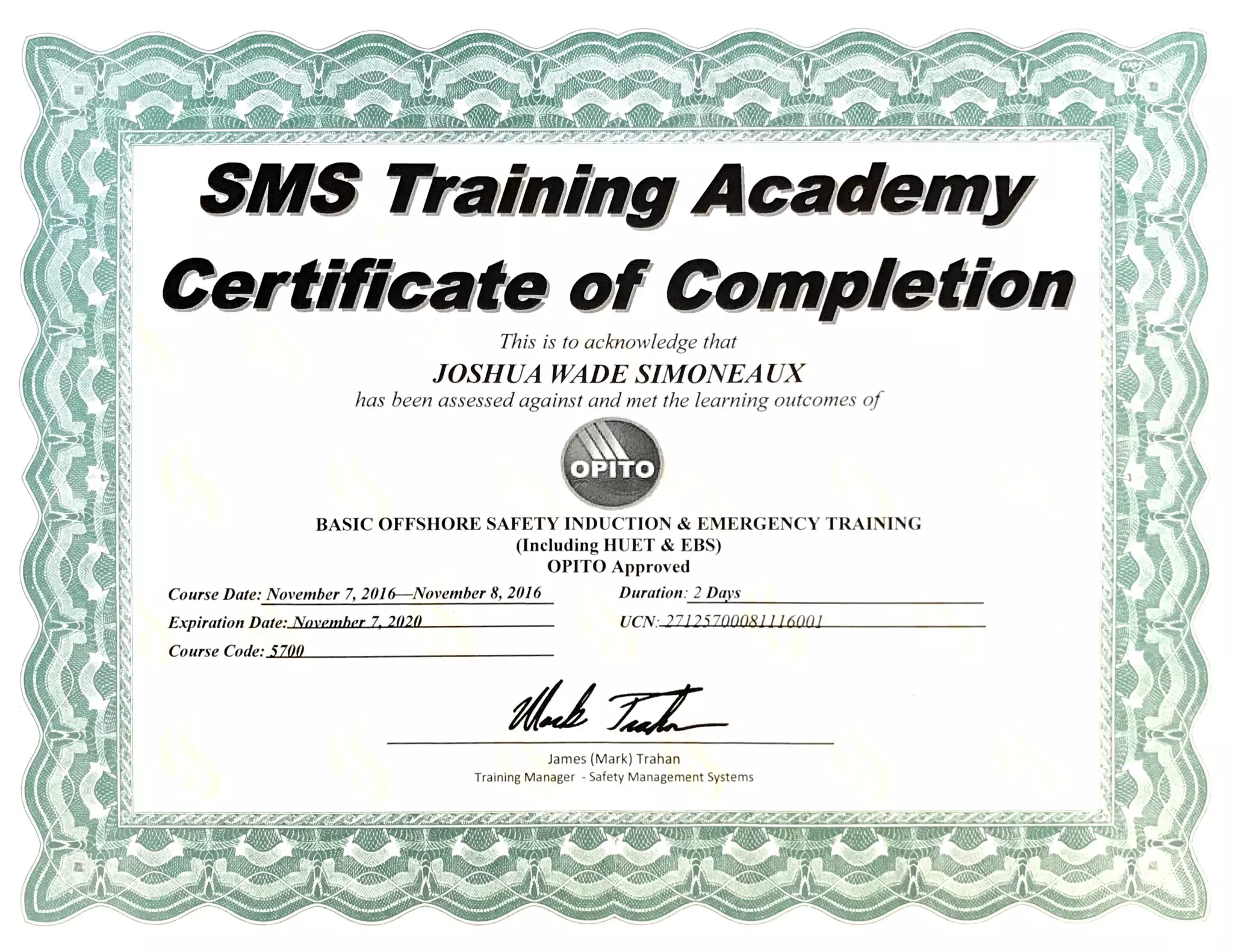 Joshua Simoneaux BOSIET Certificate | PPT