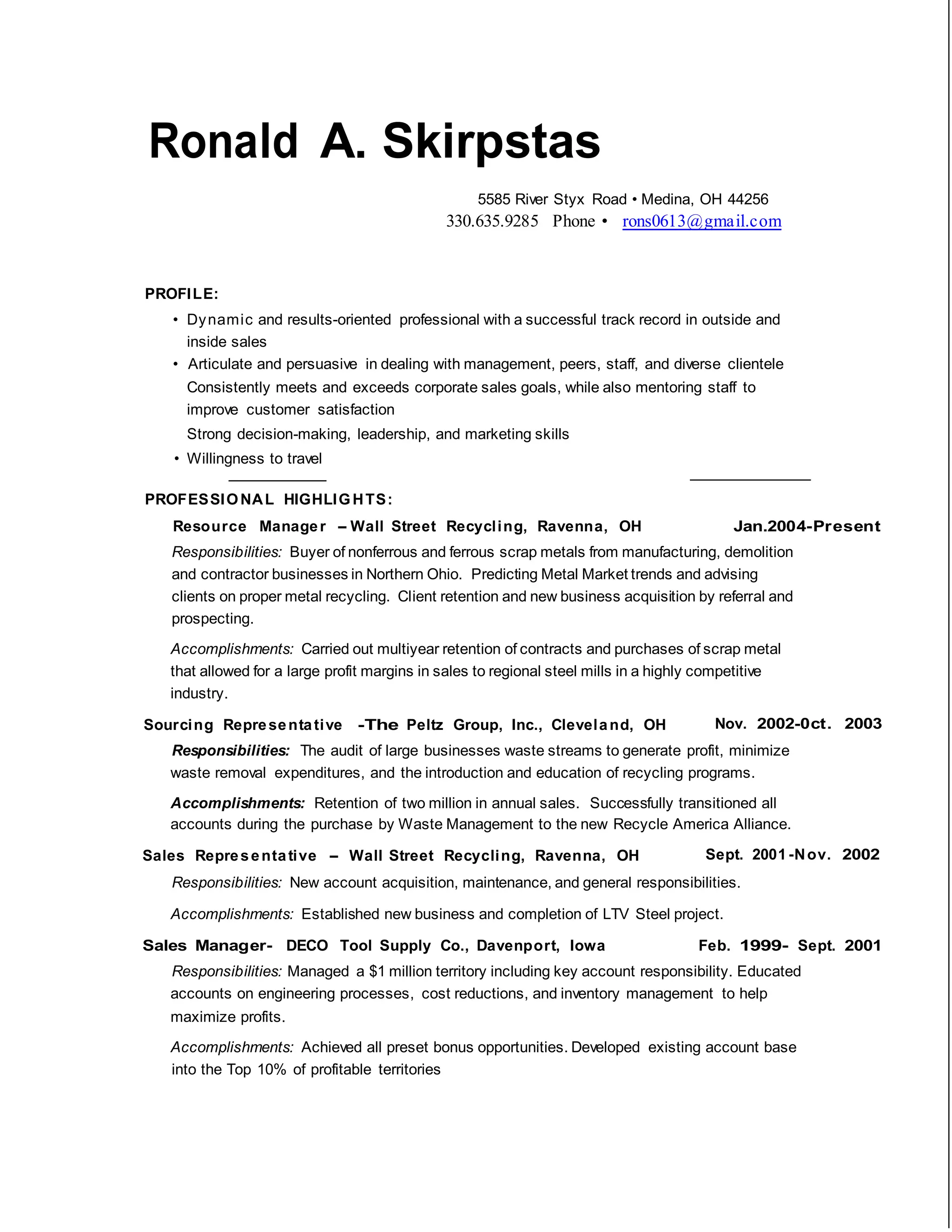 Ron Skirpstas resume 42016 | DOCX | Sales | Business