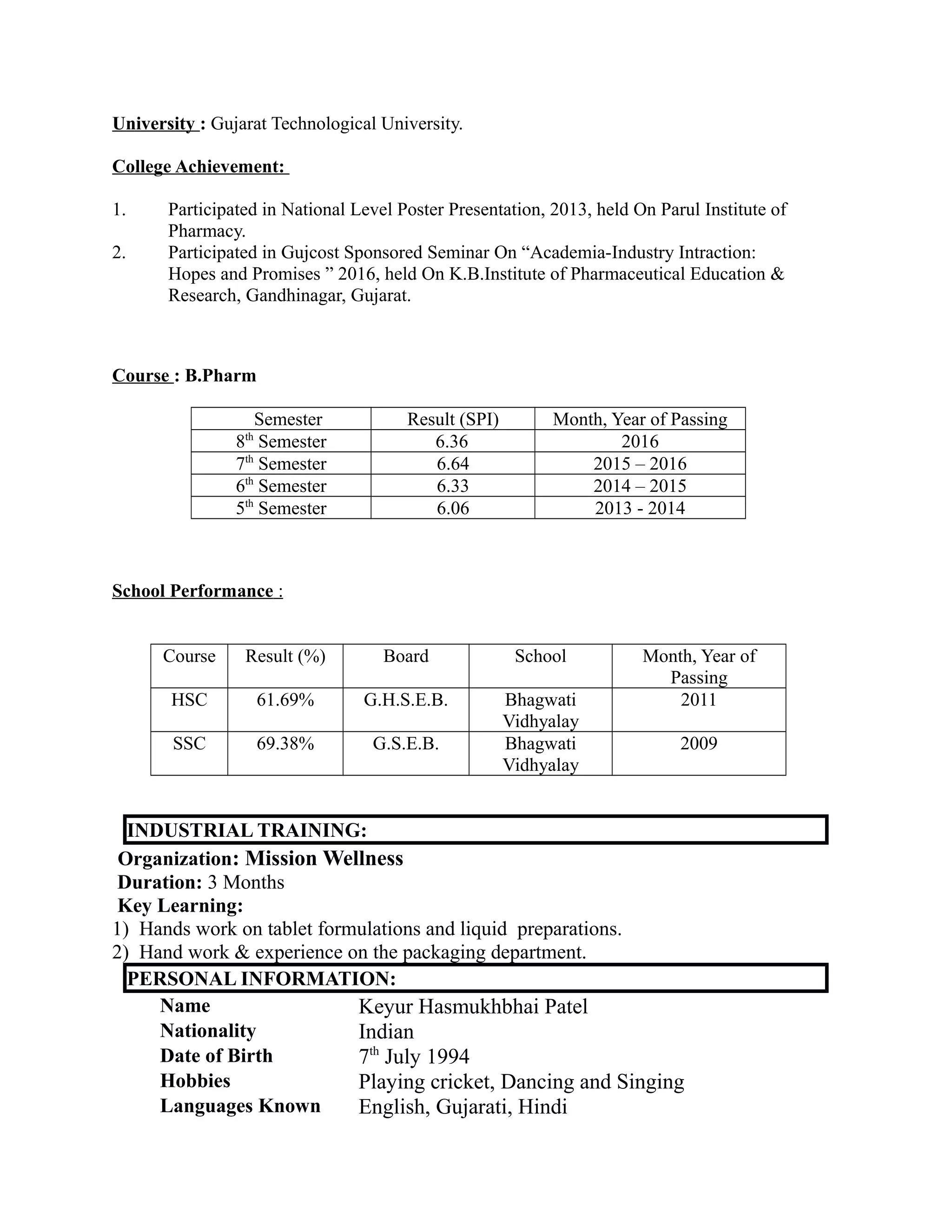 Keyur Patel Resume | DOC | Pharmaceutical Industry | Industries