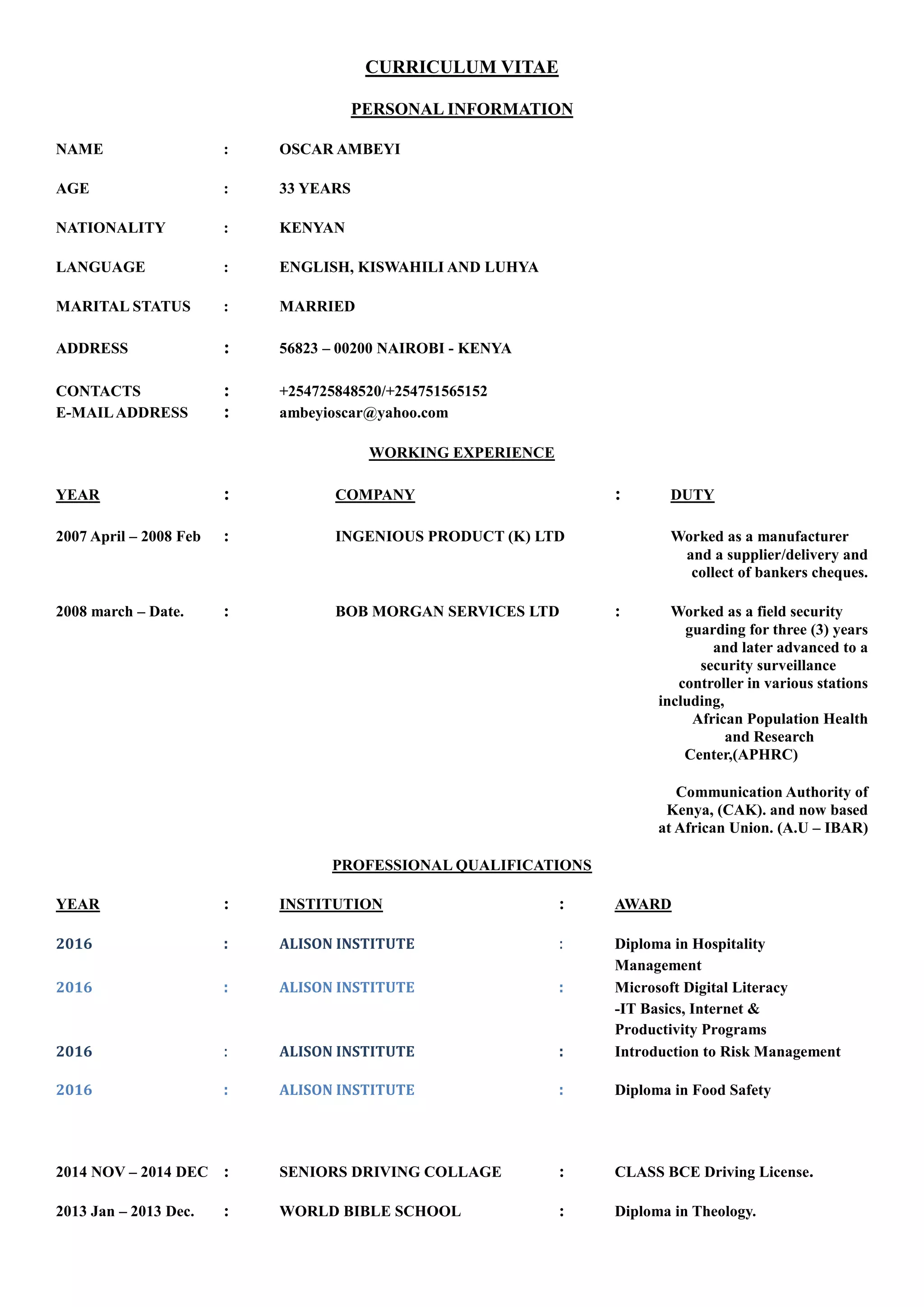 CURRICULUM VITAE OSCARAMBEYI OSCAR | PDF