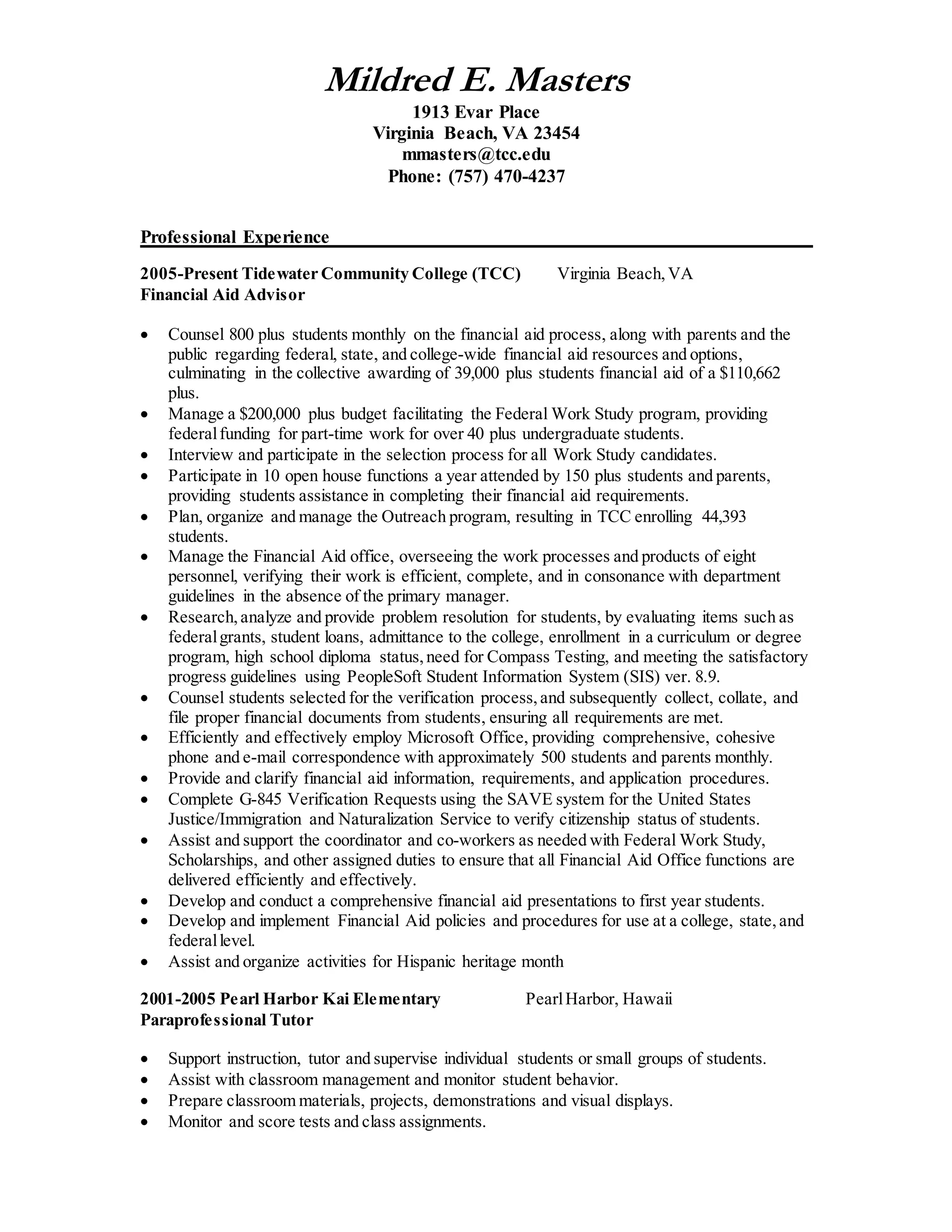 Mildred E Masters resume | DOCX