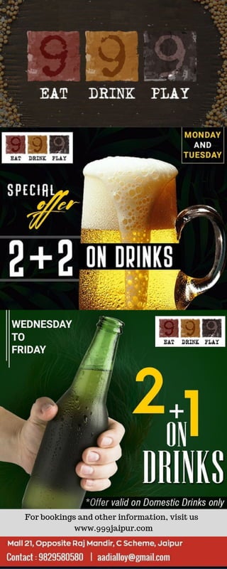 Offers on Drinks at 999 Restro and Lounge - rooftop bar in Jaipur | PDF