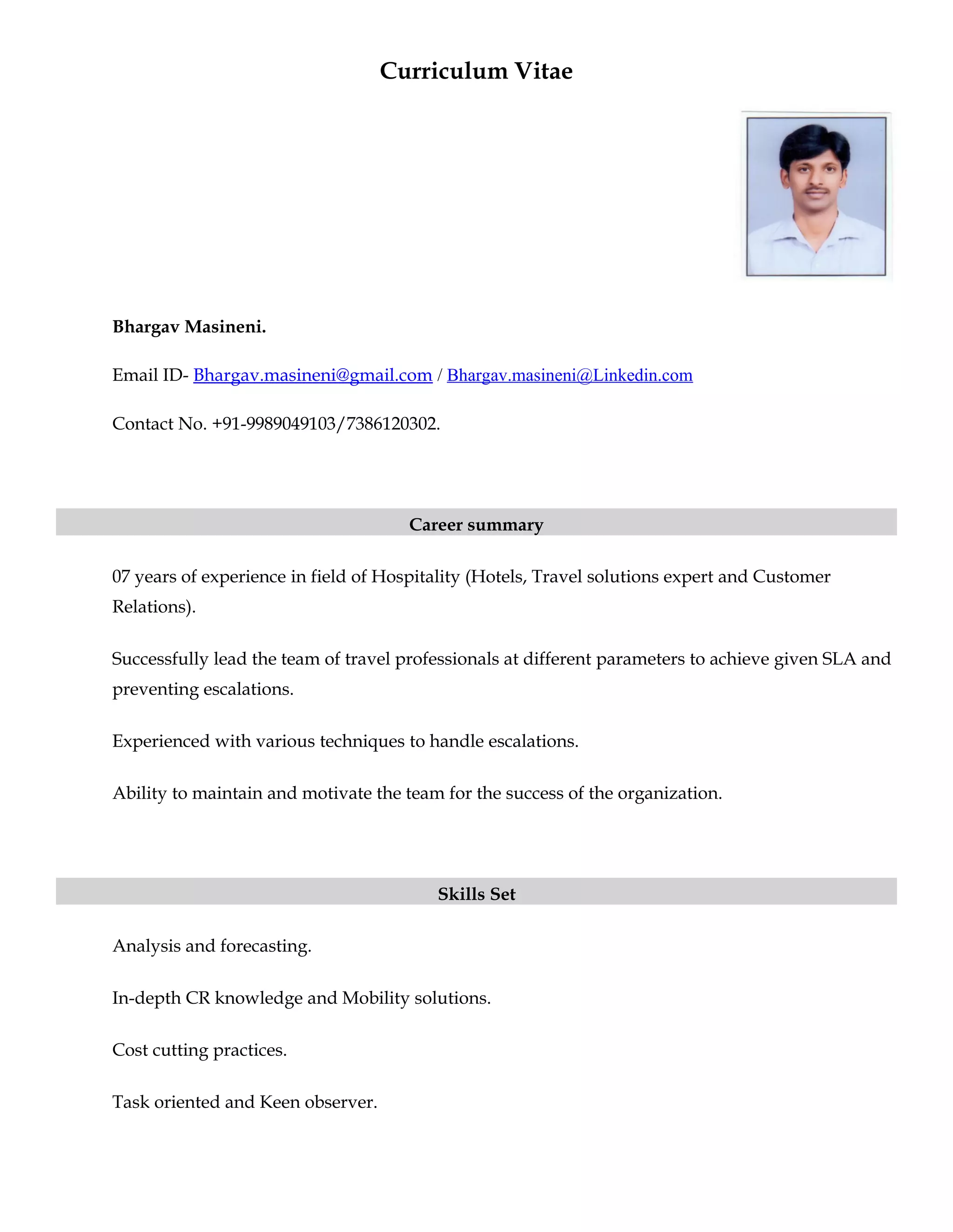 Bhargav Masineni - Resume. | DOC | Business Travel | Travel Type
