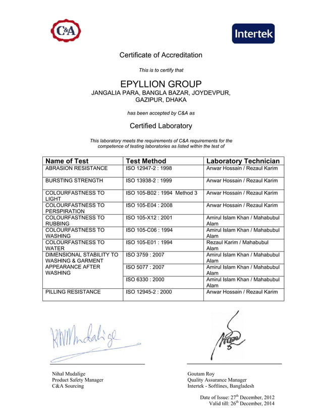 C&A Accreditation certificate 2012 | PDF