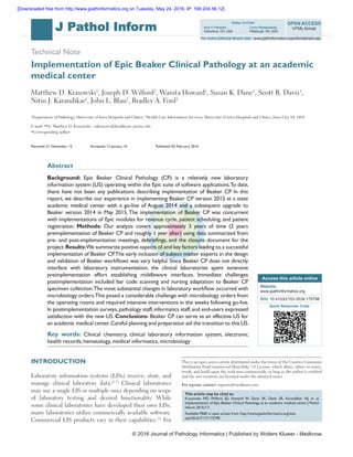 Implementation of Epic Beaker Clinical Pathology at an academic medical center (UIHC) | PDF