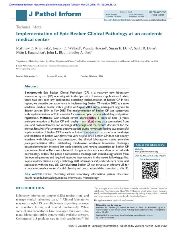 Implementation of Epic Beaker Clinical Pathology at an academic medical ...