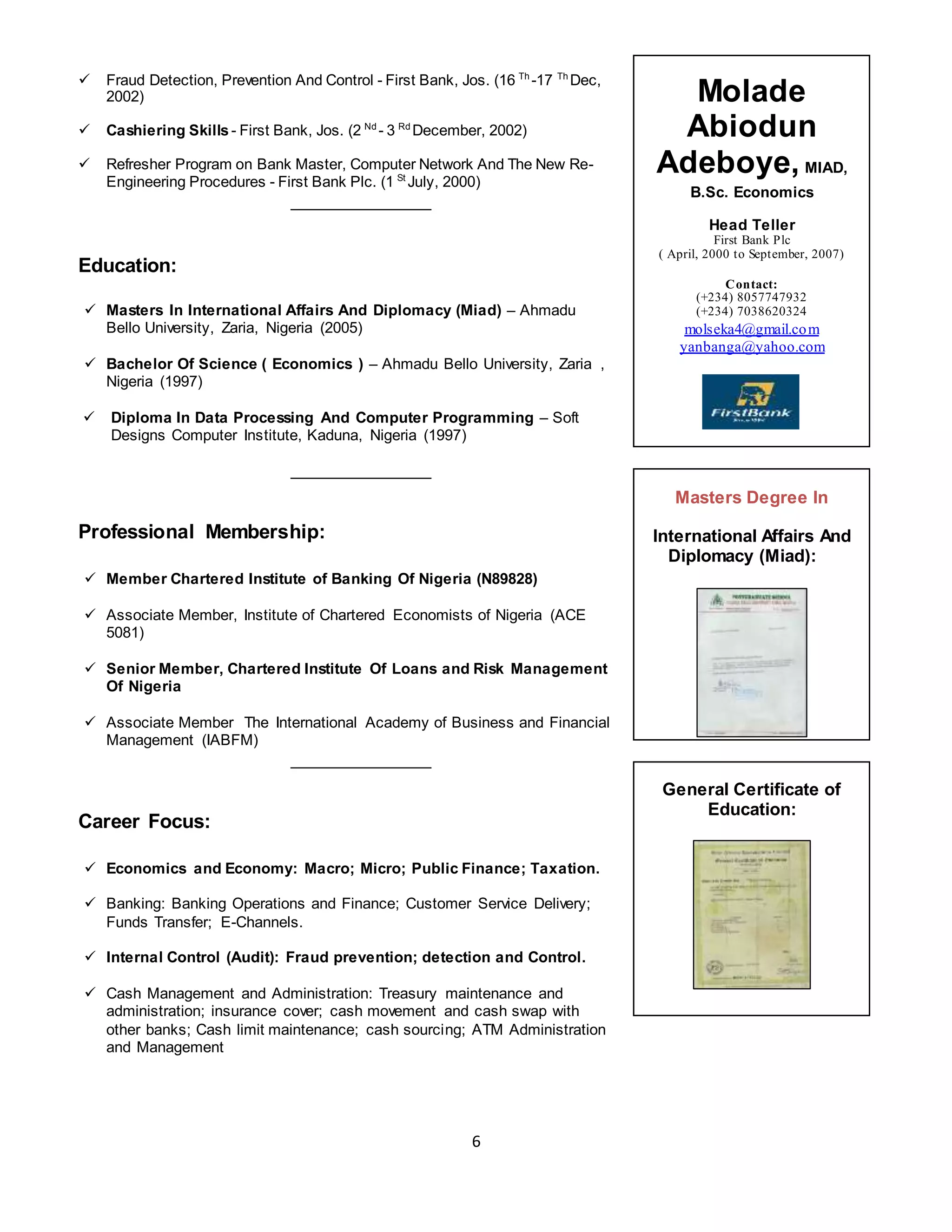 VIP RESUME MOLADE ABIODUN. | DOCX | Business Banking & Finance | Business