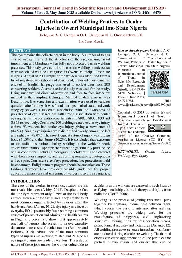 Contribution of Welding Pratices to Ocular Injuries in Owerri Municipal Imo State Nigeria | PDF