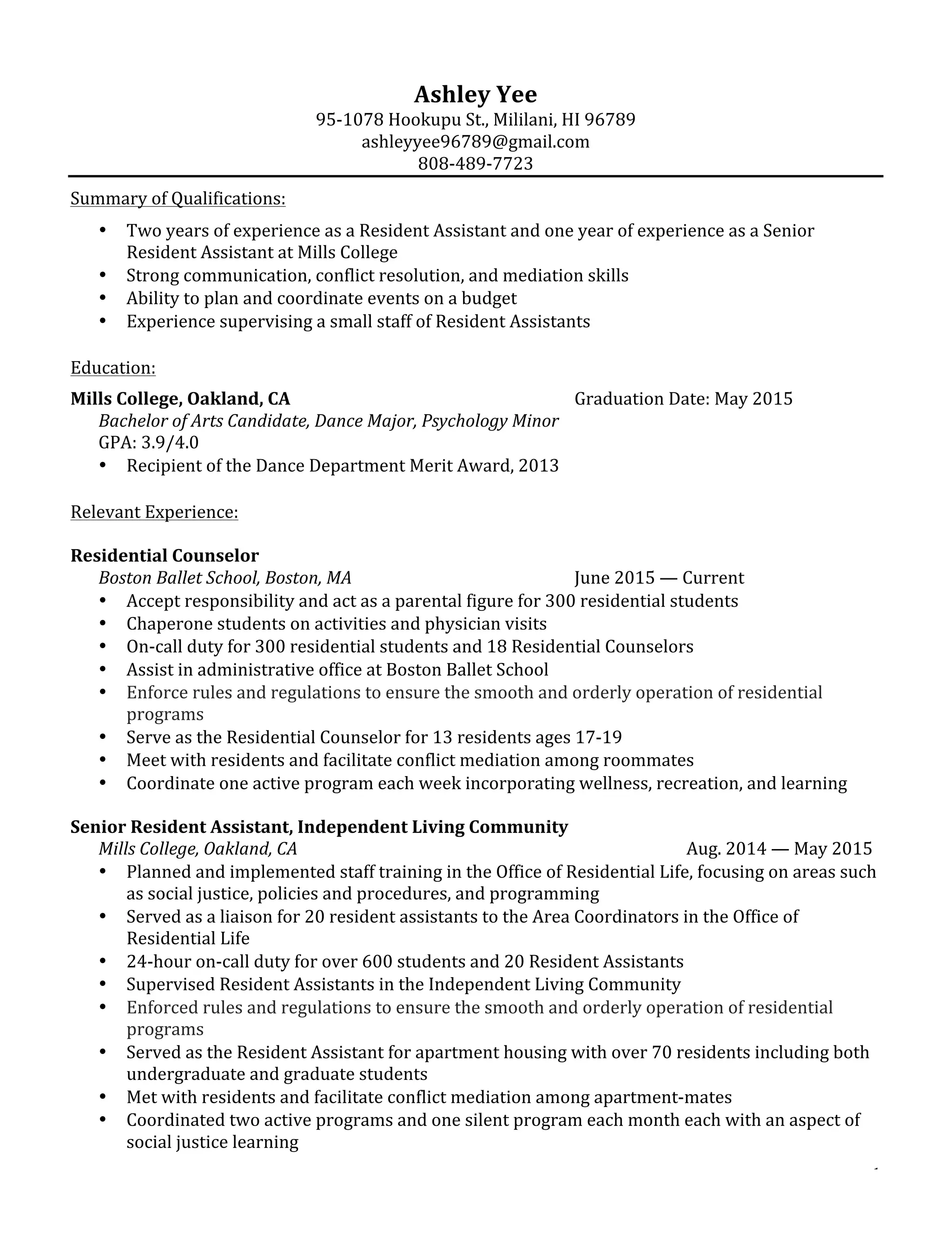 Yee, Ashley - Student Affairs Resume | PDF