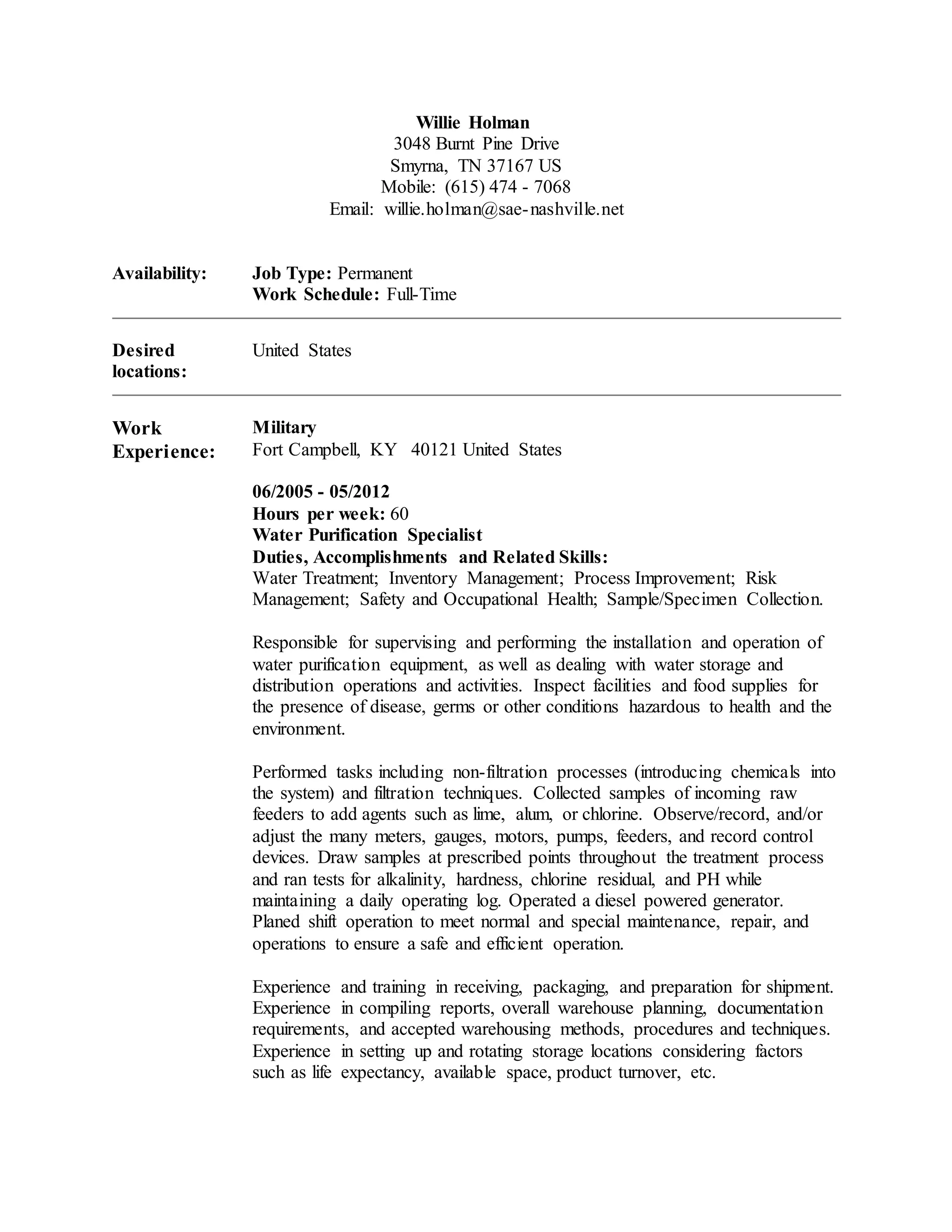 Willie Holman - Resume | PDF