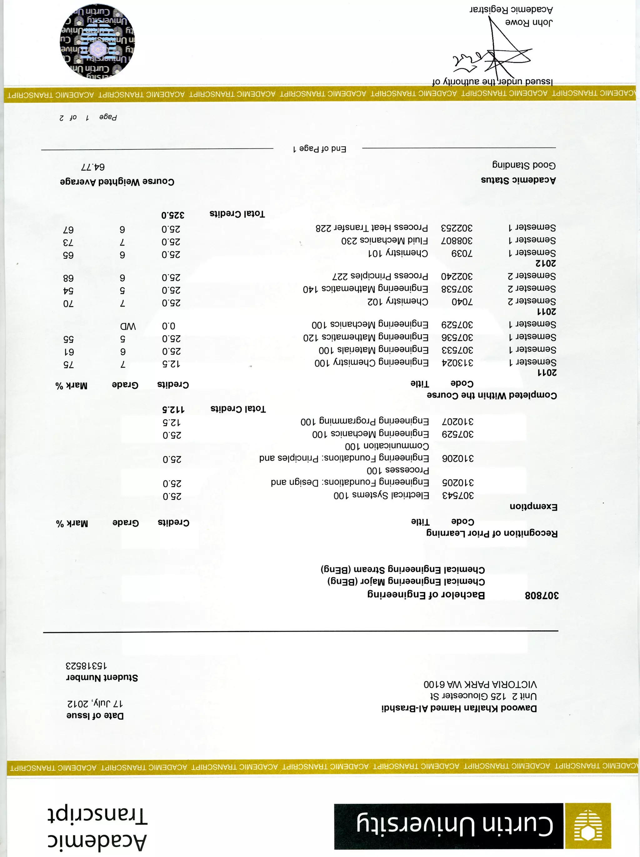 Curtin Transcript 11 | PDF