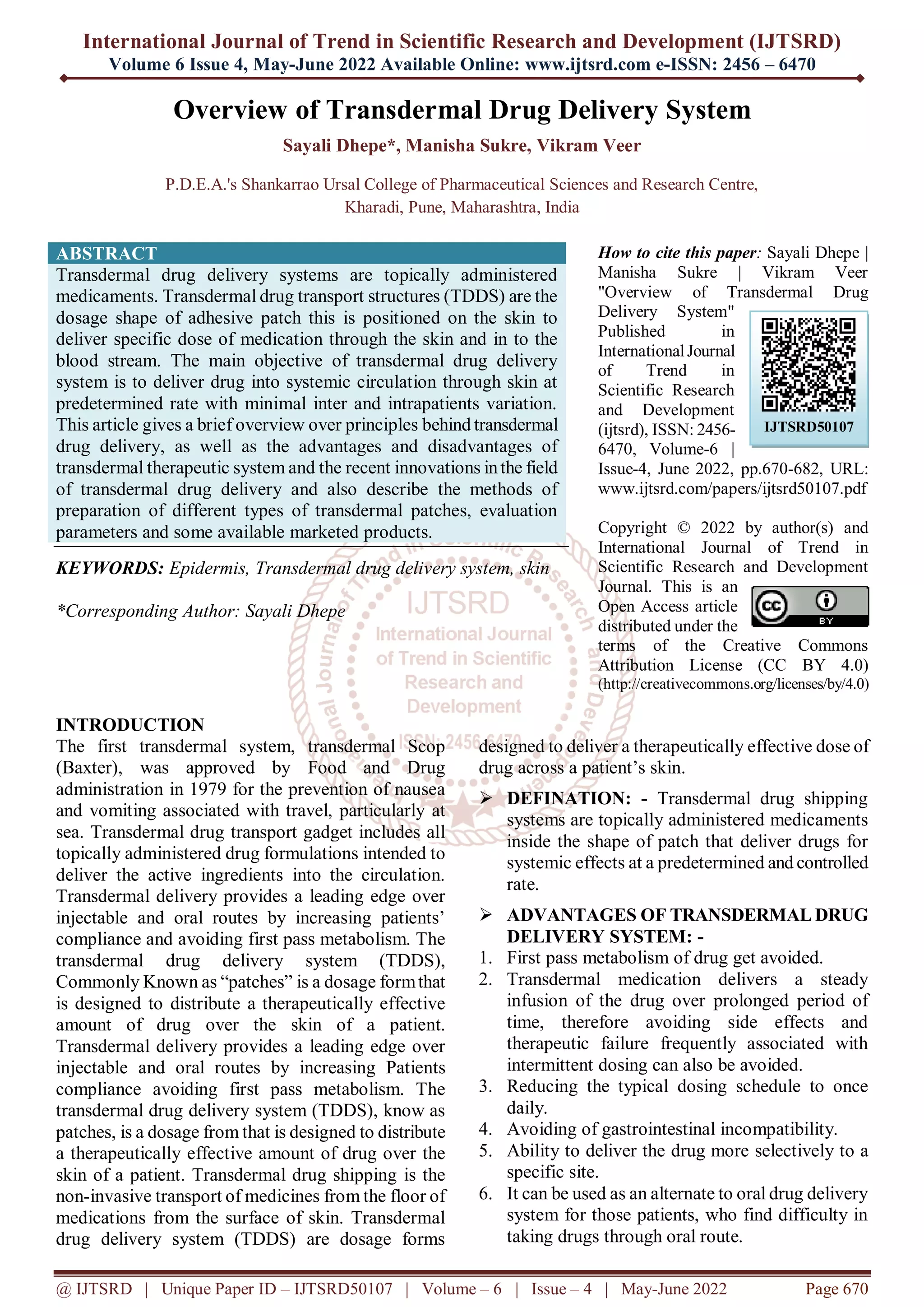 Overview of Transdermal Drug Delivery System | PDF