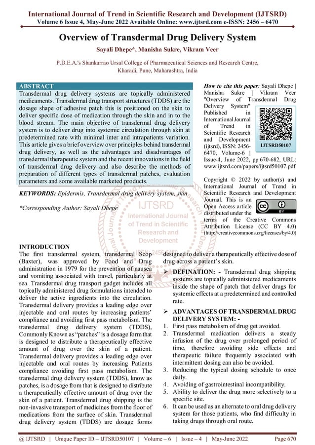 Overview of Transdermal Drug Delivery System | PDF