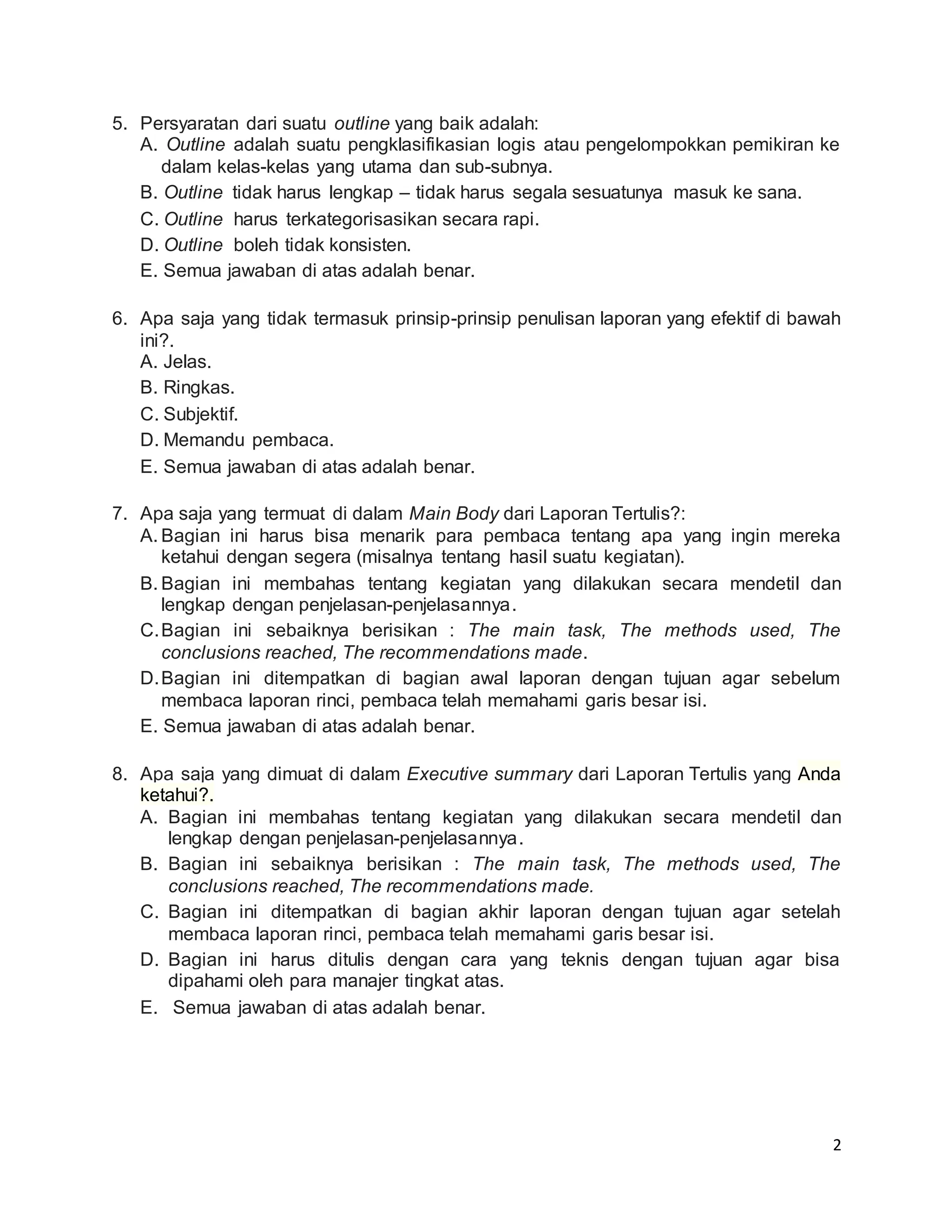 Soal Pre Test Training "Report Writing Skill" BNi Jkt | PDF