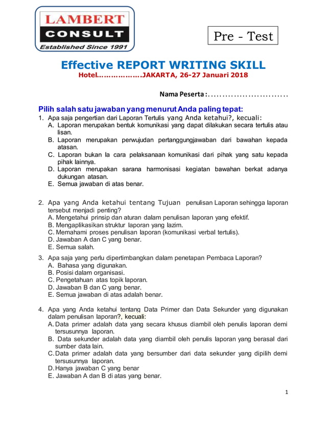 Soal Pre Test Training "Report Writing Skill" BNi Jkt | PDF