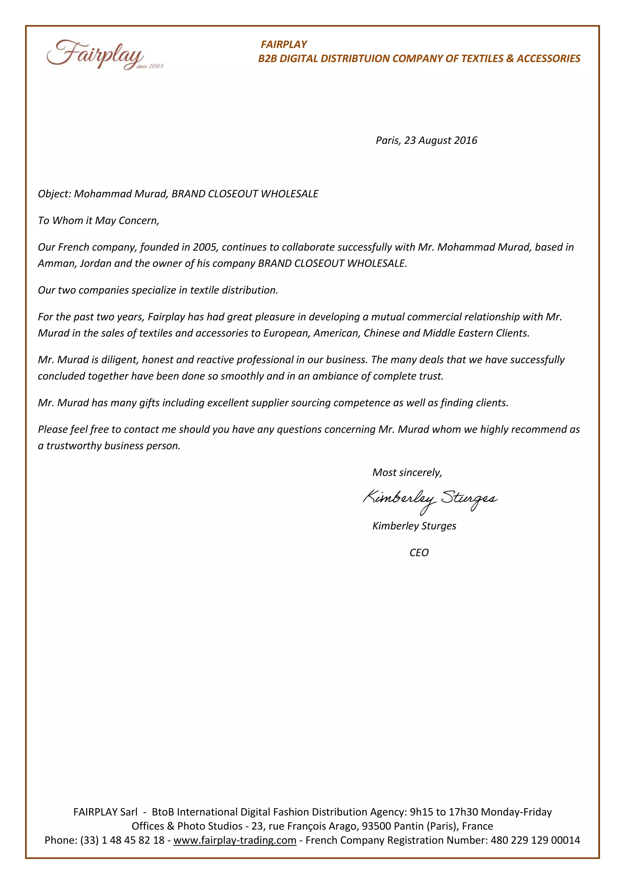 Fairplay Recommendation Letter for Mohammad MURAD - Brands Whoselsale | PDF