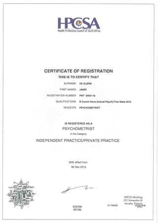 HPCSA - certificate | PDF