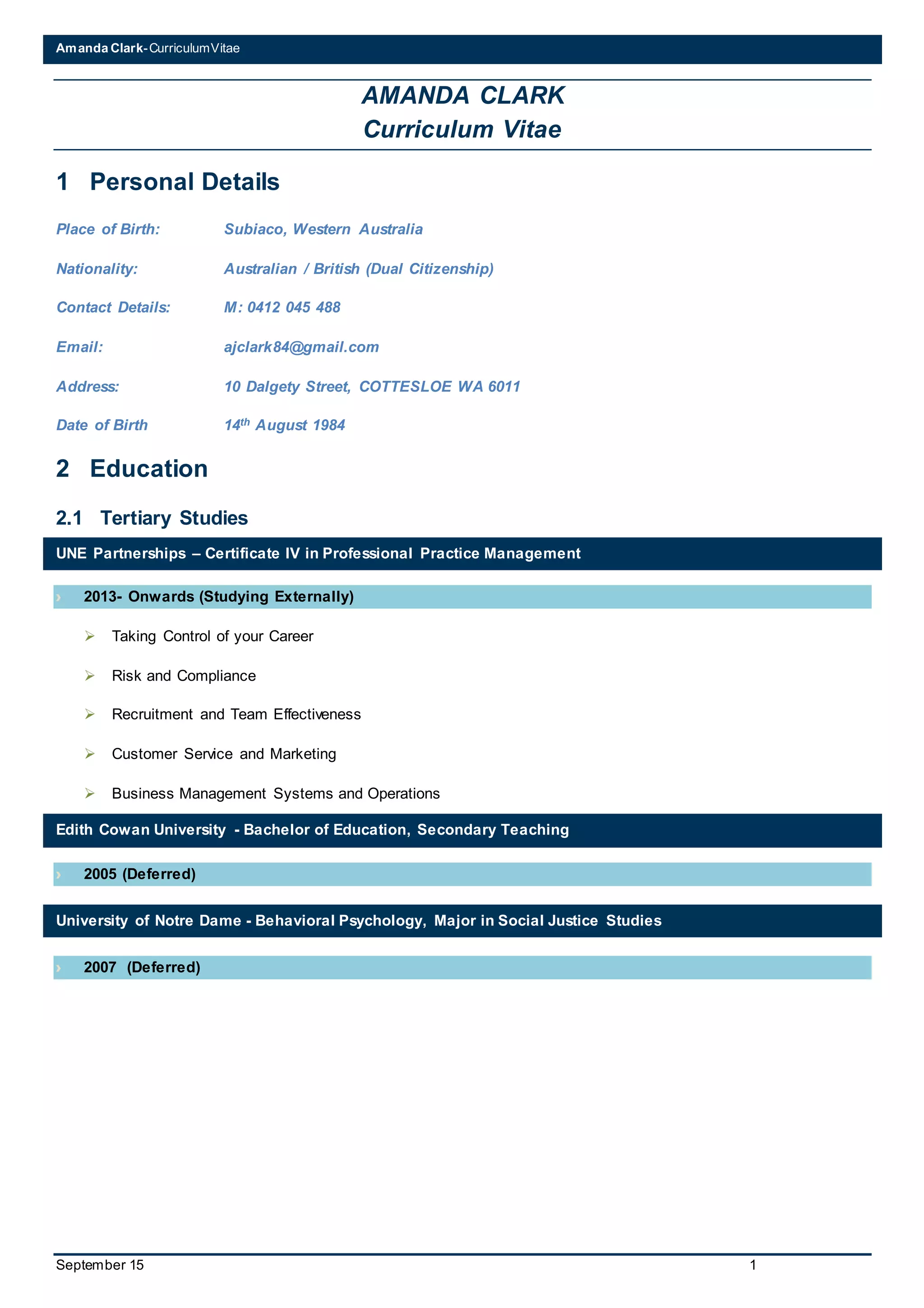 Amanda Clark Curriculum Vitae 2015 | PDF