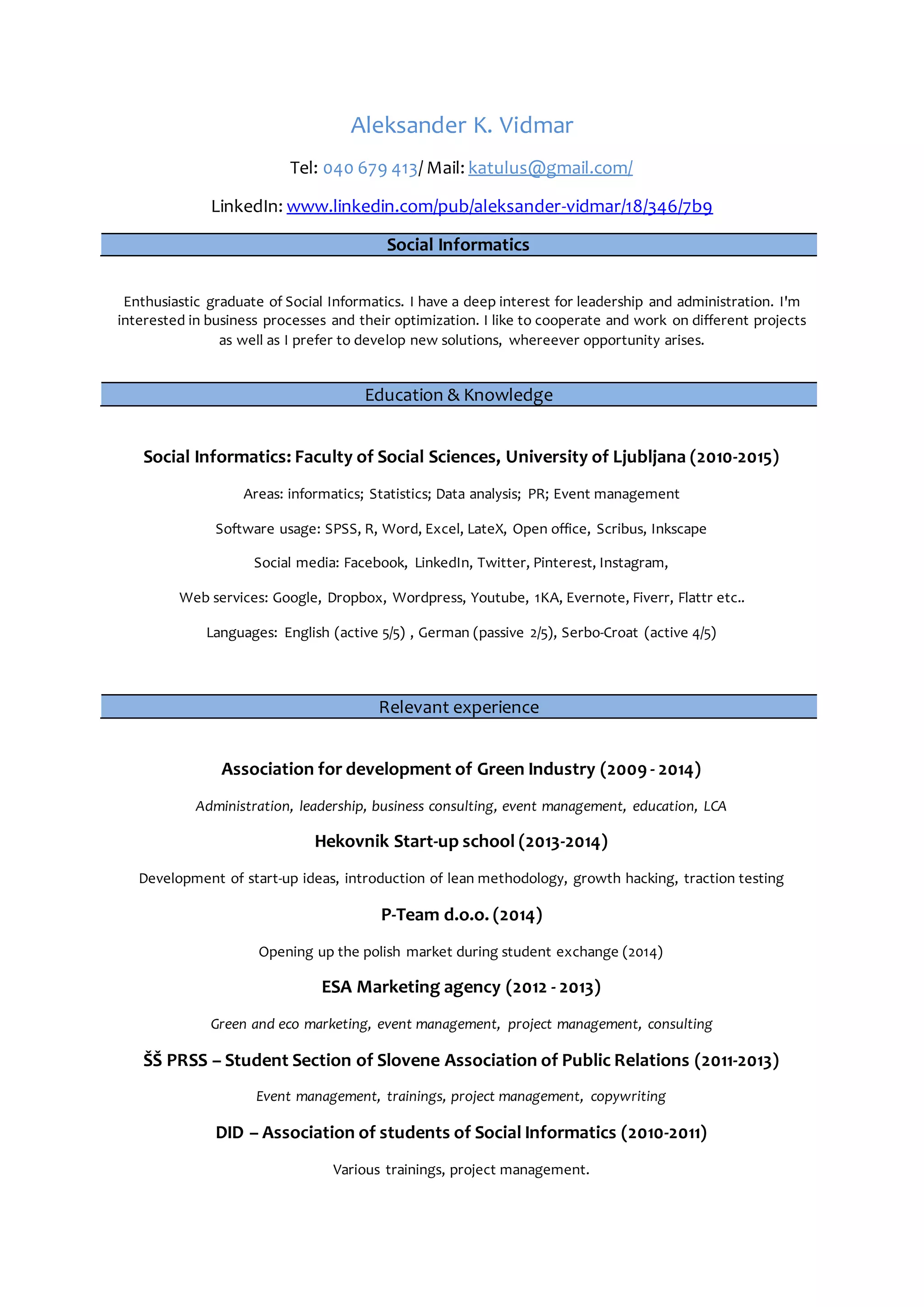 CV- Aleksander K. Vidmar(ENG) | PDF