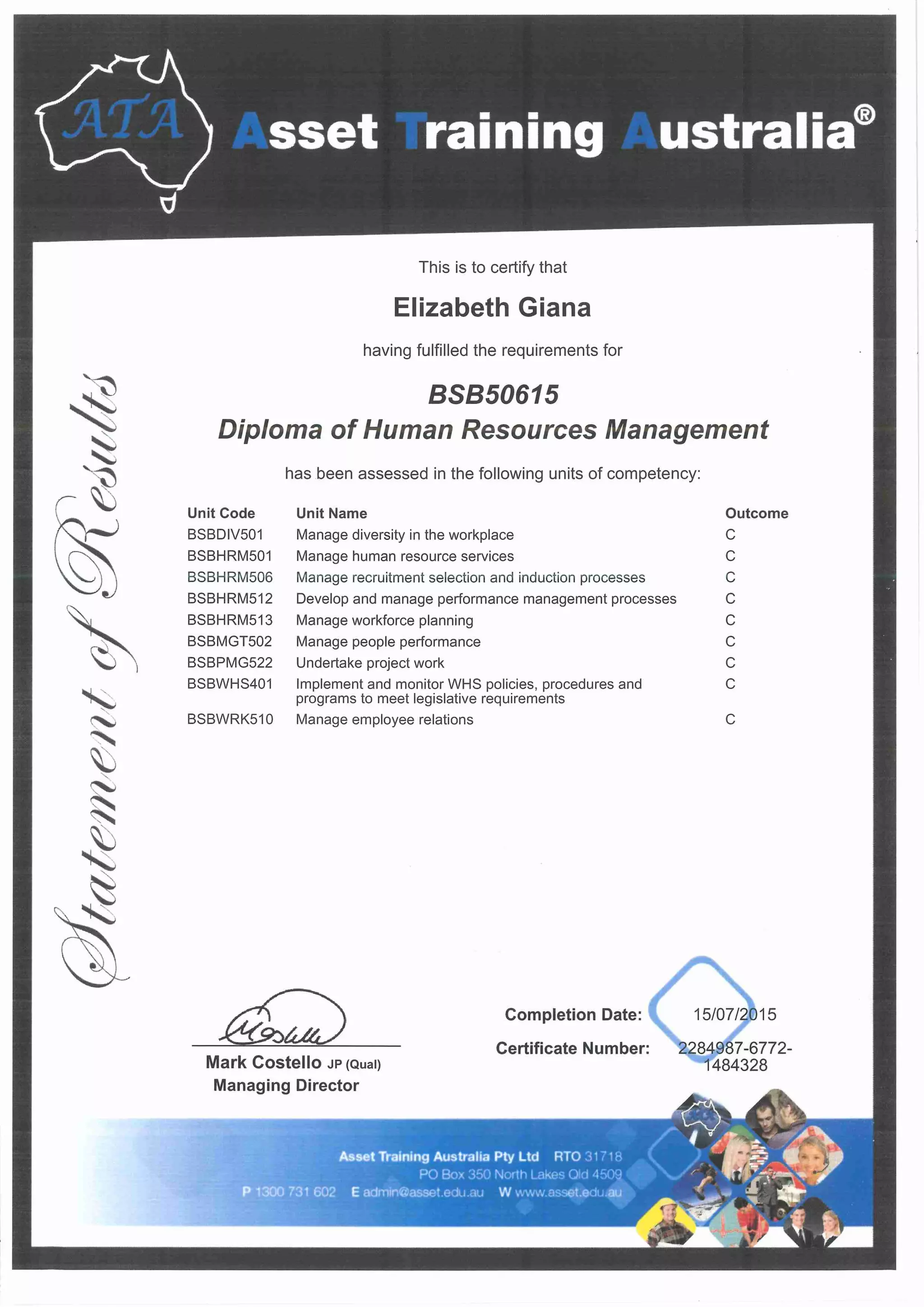 Elizabeth Giana - Diploma of Human Resources Management | PDF