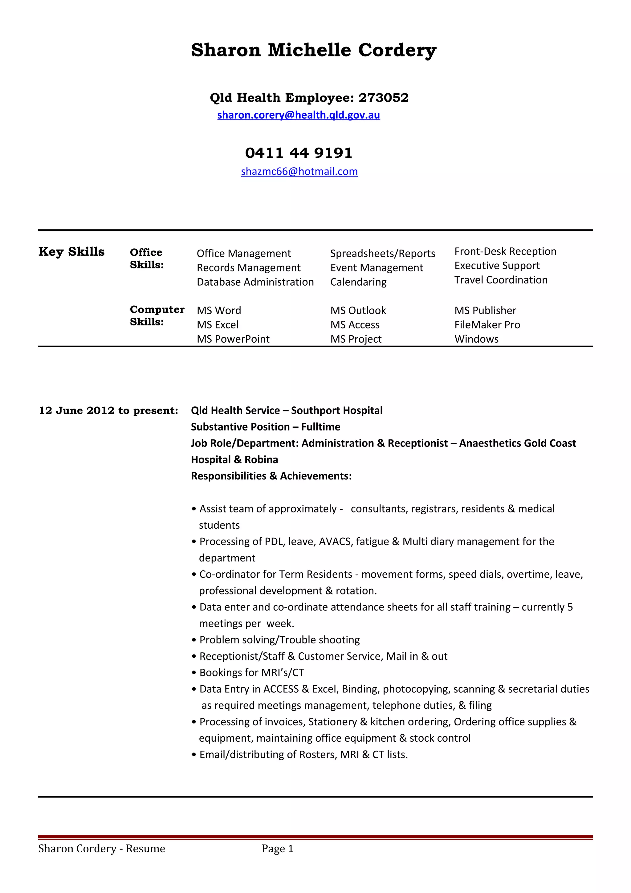 Sharon Cordery - Resume 2015 | DOC | Healthcare Industry | Industries